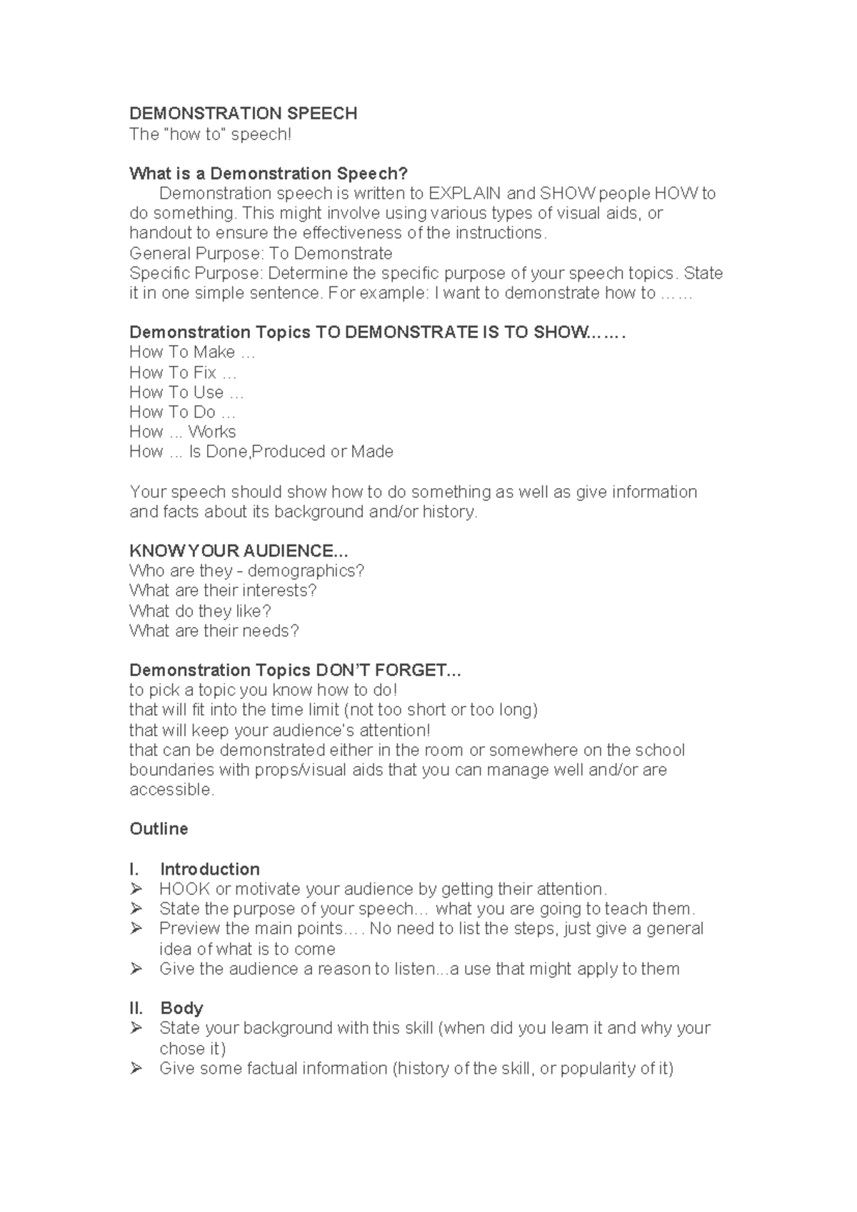 Demonstration- Entertainment- Speech - DEMONSTRATION SPEECH The “how to ...