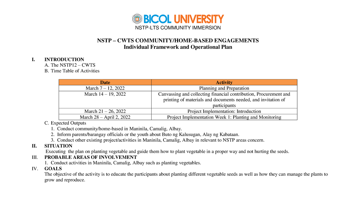 Napili PLAN 4 - weqe - NSTP-LTS COMMUNITY IMMERSION NSTP – CWTS ...