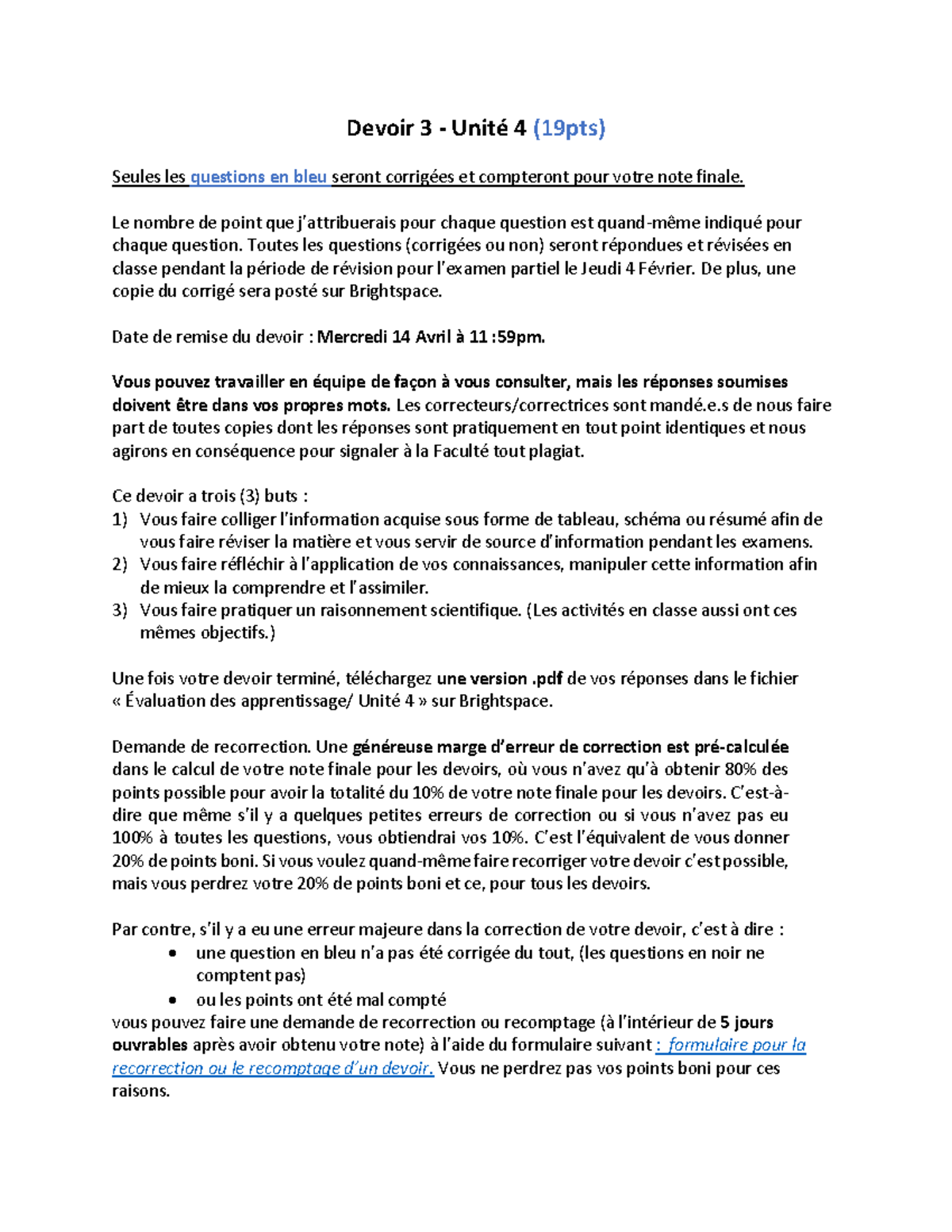 Devoir 3 - Unité 4 - Devoir 3 - UnitÈ 4 (19pts) Seules les questions en bleu seront corrigÈes et ...