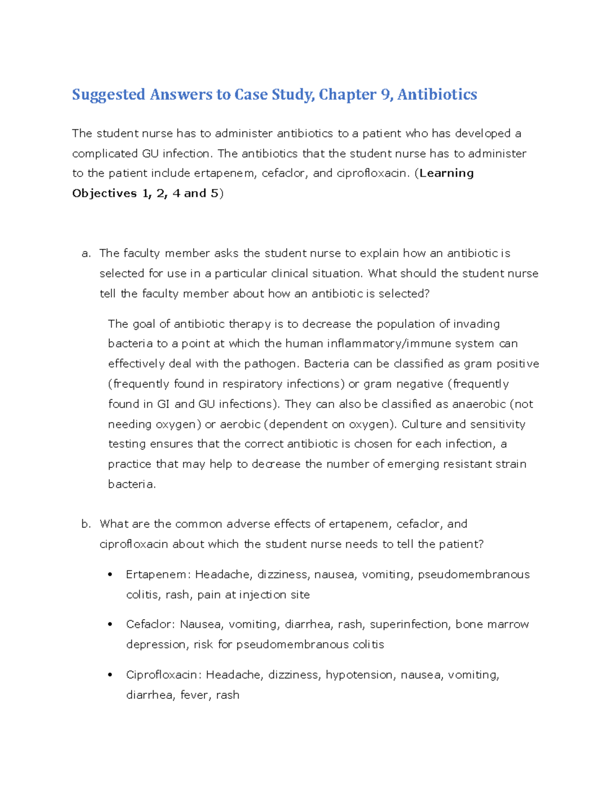 Ch 9 Antibiotics Case Study - Suggested Answers to Case Study, Chapter ...