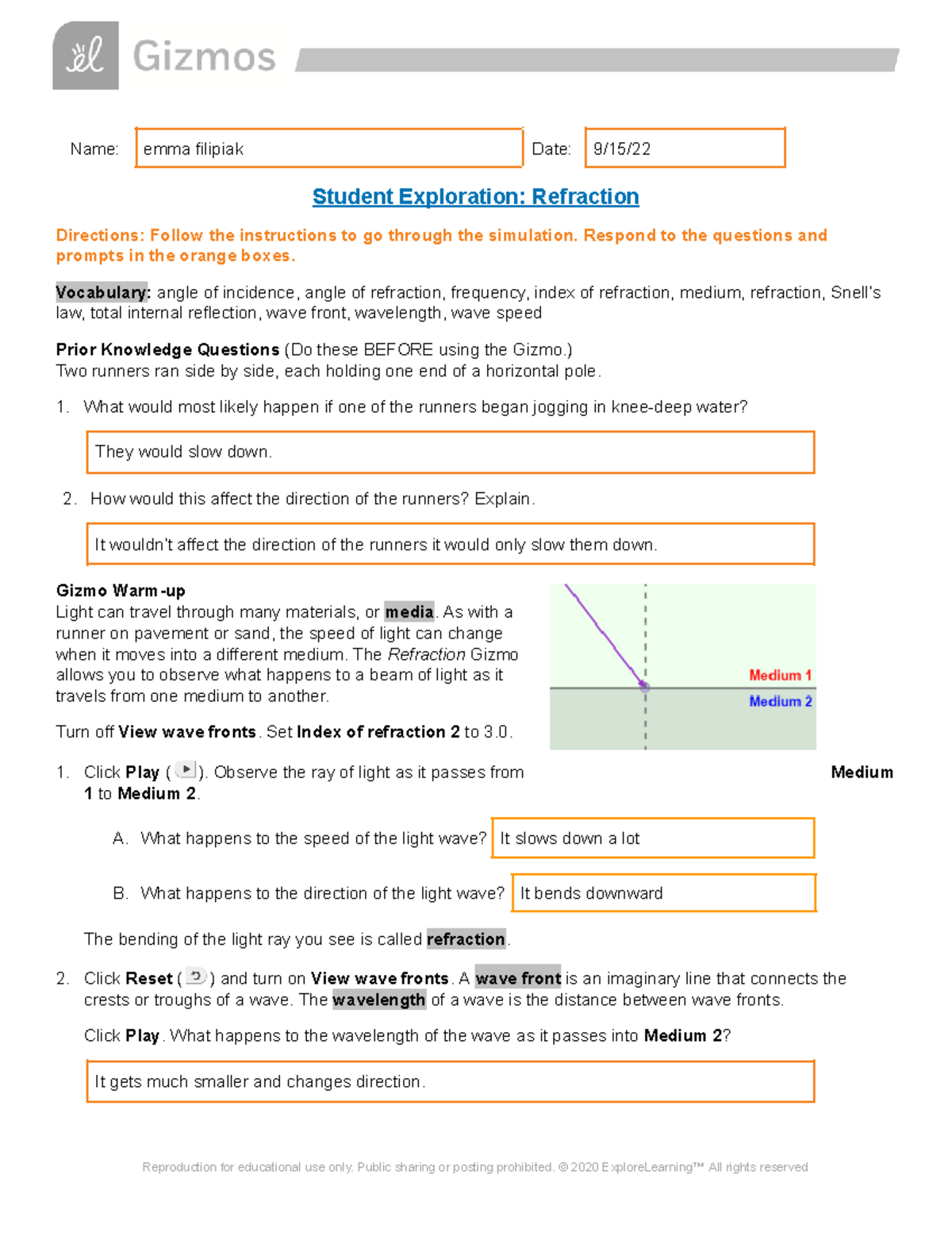 Refraction Gizmos Assignment - Name: emma filipiak Date: 9/15/ Student ...