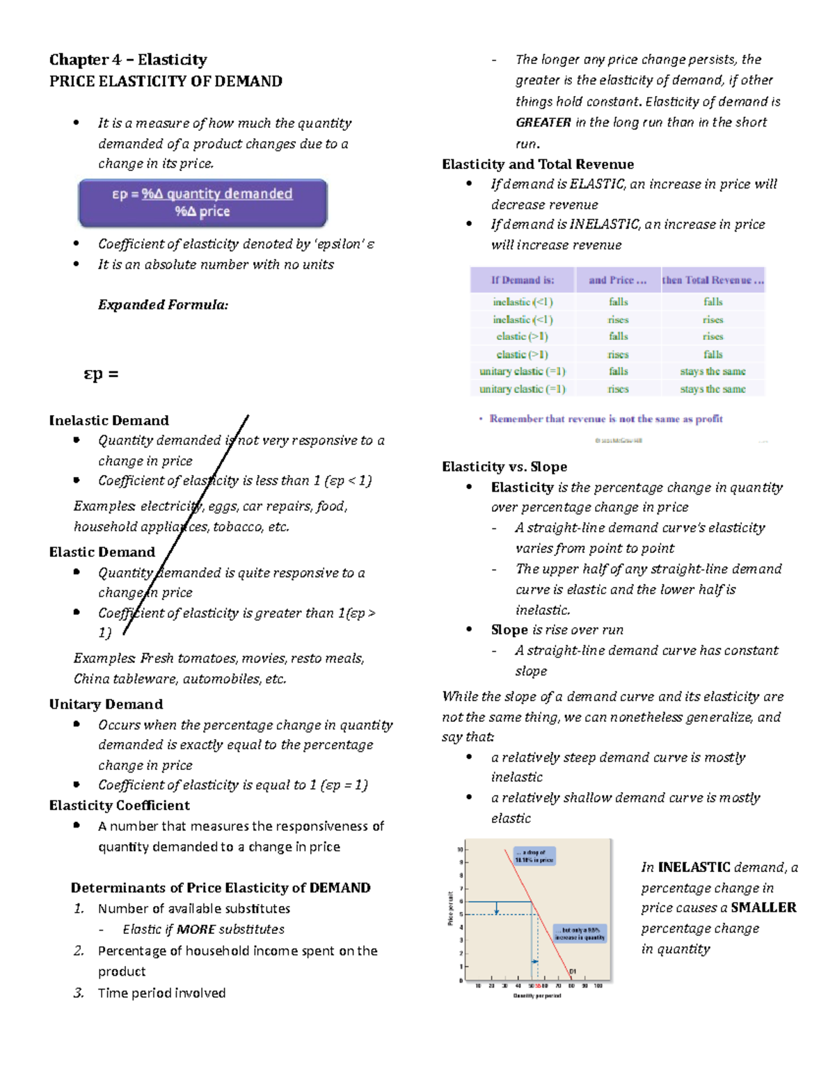 Chapter 4 Notes - Summary - Chapter 4 – Elasticity PRICE ELASTICITY OF ...