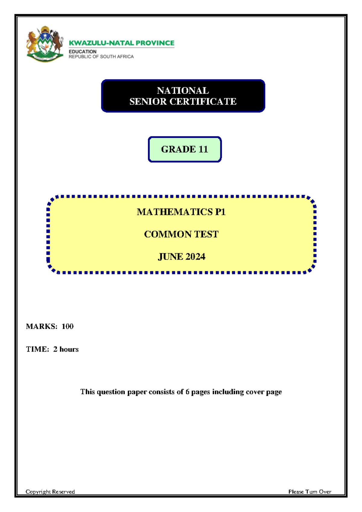 Mathematics P1 Gr.11 2024 June P1 QP - MARKS: 100 TIME: 2 hours This question paper consists of ...