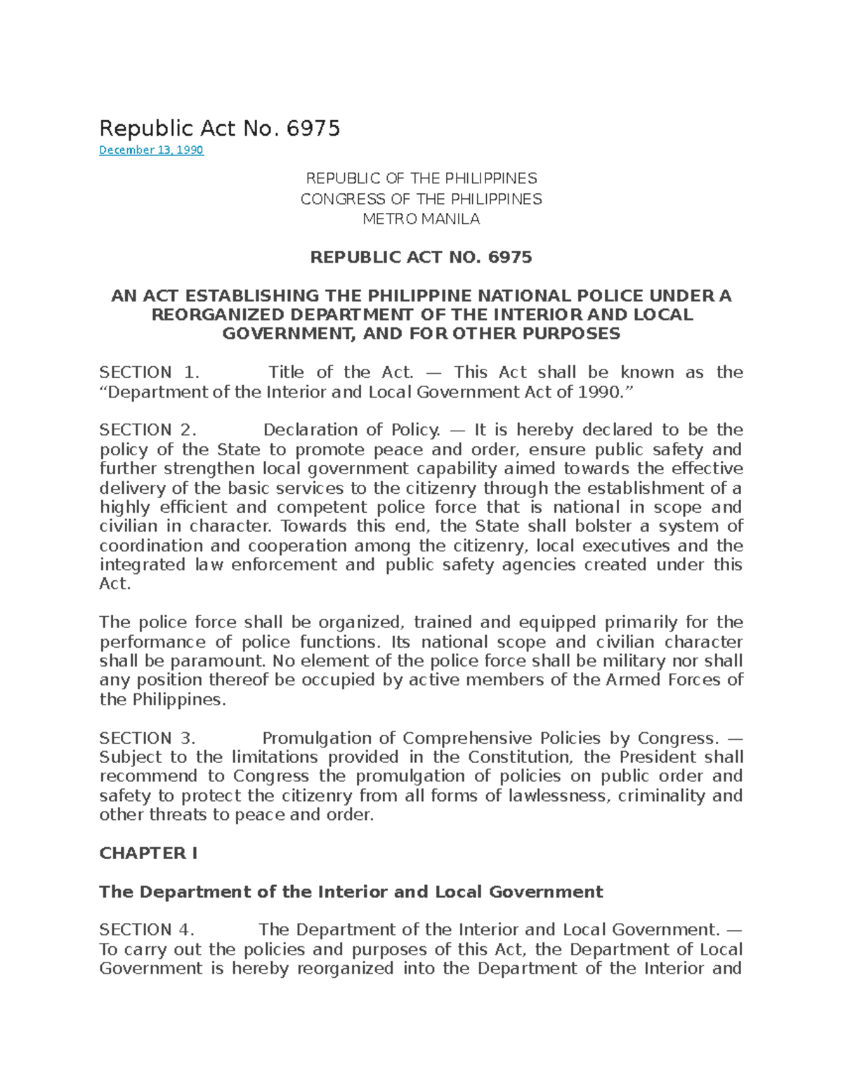 PNP RA6975 - Note - Republic Act No. 6975 December 13, 1990 REPUBLIC OF ...
