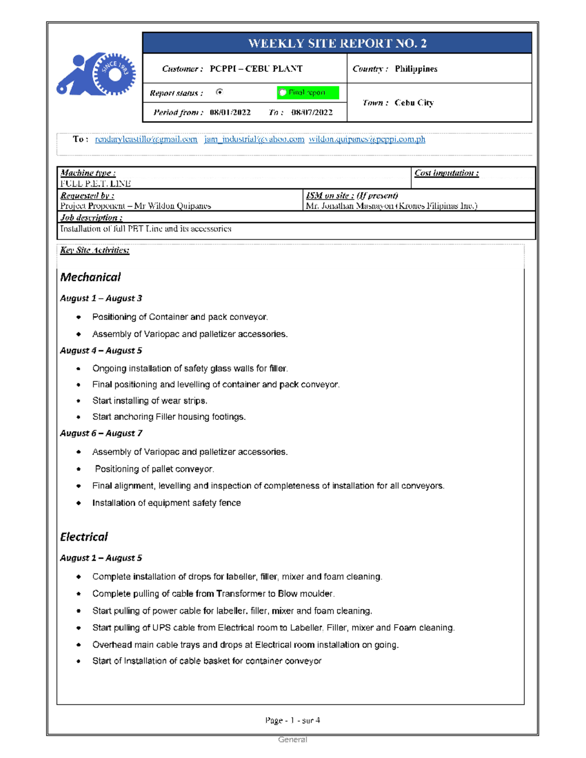 Weekly Report 002 - Page - 1 - sur 4 General WEEKLY SITE REPORT NO. 2 ...