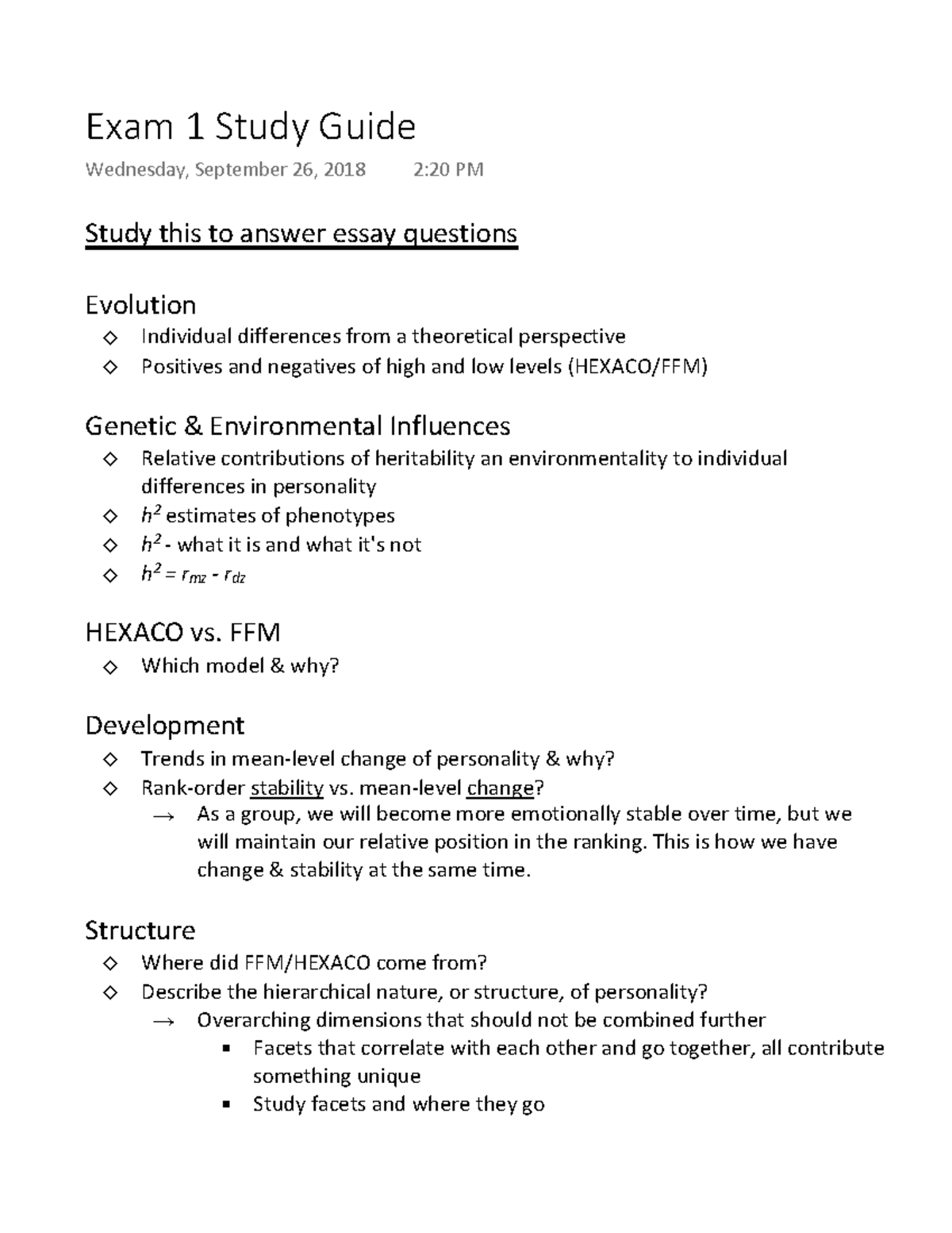 Exam 1 Study Guide - David Tokar - Exam 1 Study Guide Wednesday ...