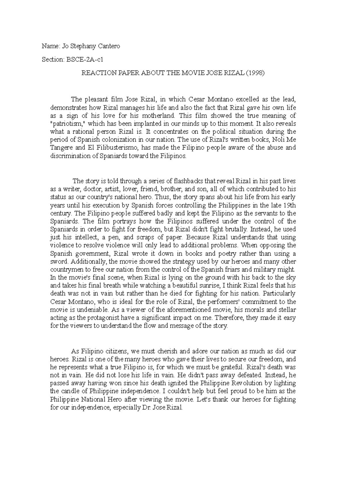 Reaction Paper Cantero - Name: Jo Stephany Cantero Section: BSCE-2A-c ...