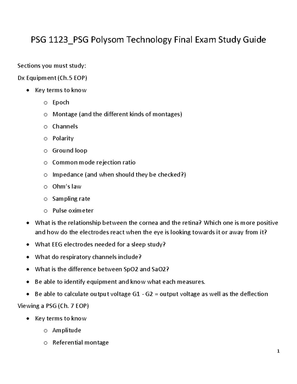 PSG 1123 Final Study Guide - PSG 1123_PSG Polysom Technology Final Exam ...