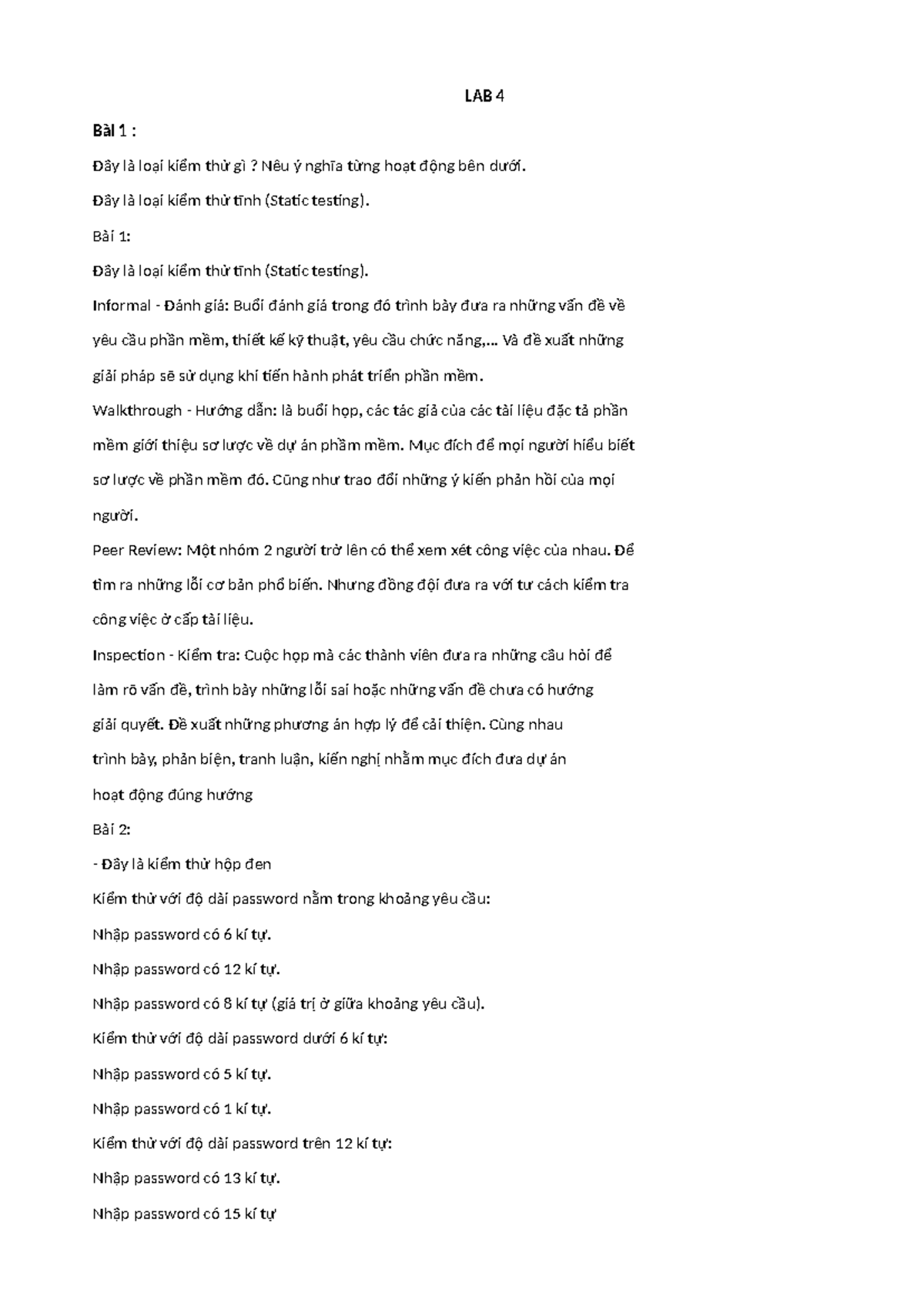 LAB 4 - lab4 - LAB 4 Bài 1 : Đây là loại kiểm thử gì? Nêu ý nghĩa từng ...