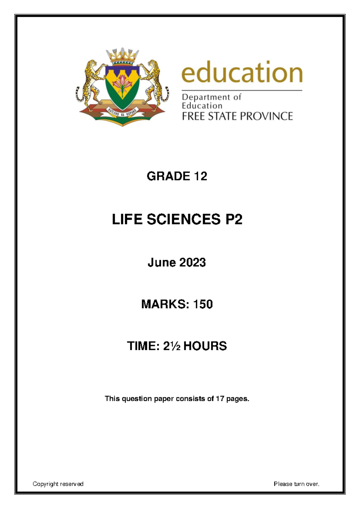 LFSC P2 GR 12 JUNE 2023 Eng - GRADE 12 LIFE SCIENCES P June 202 3 MARKS ...