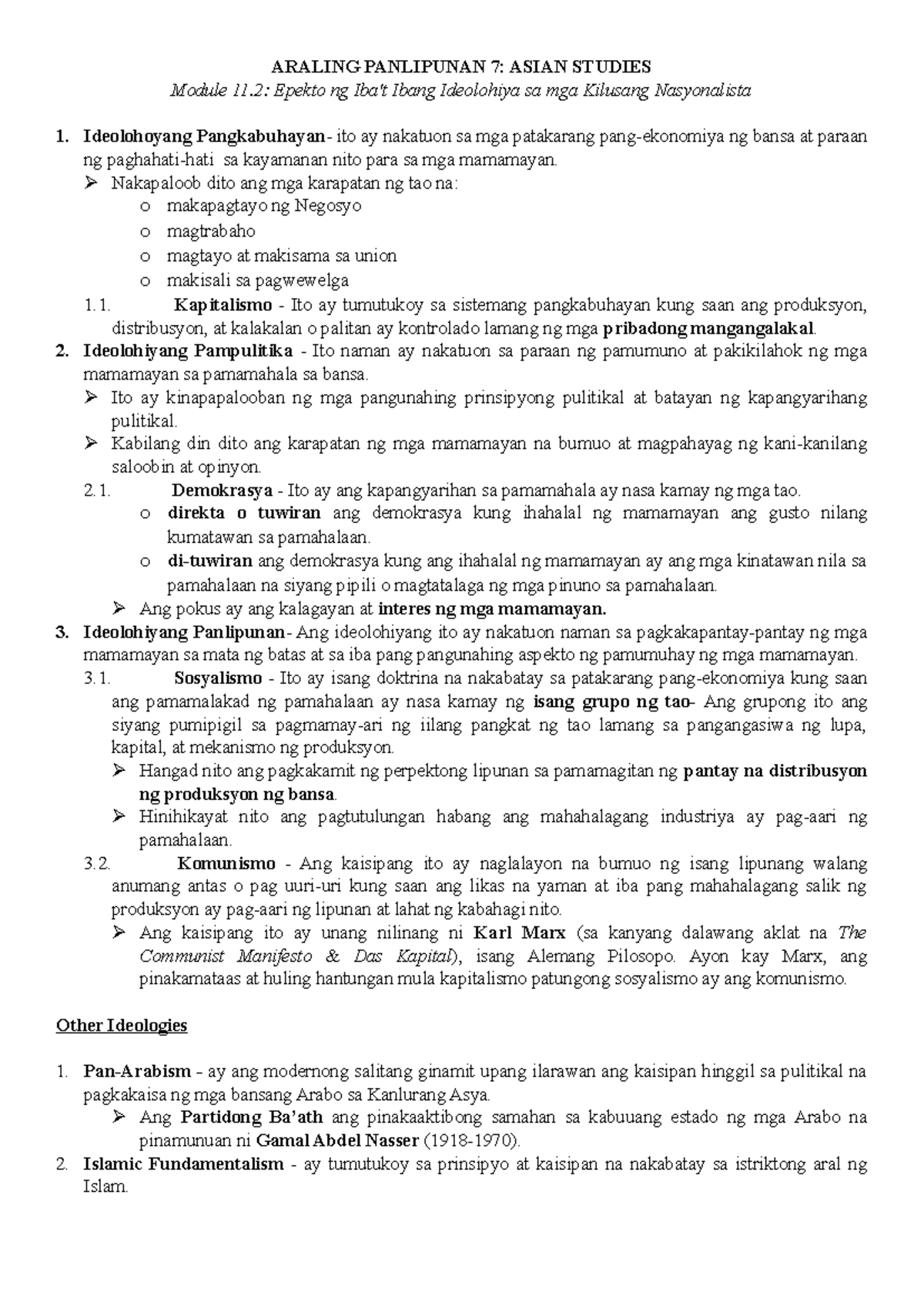 AP 7 Handouts Module 112 - ARALING PANLIPUNAN 7: ASIAN STUDIES Module ...