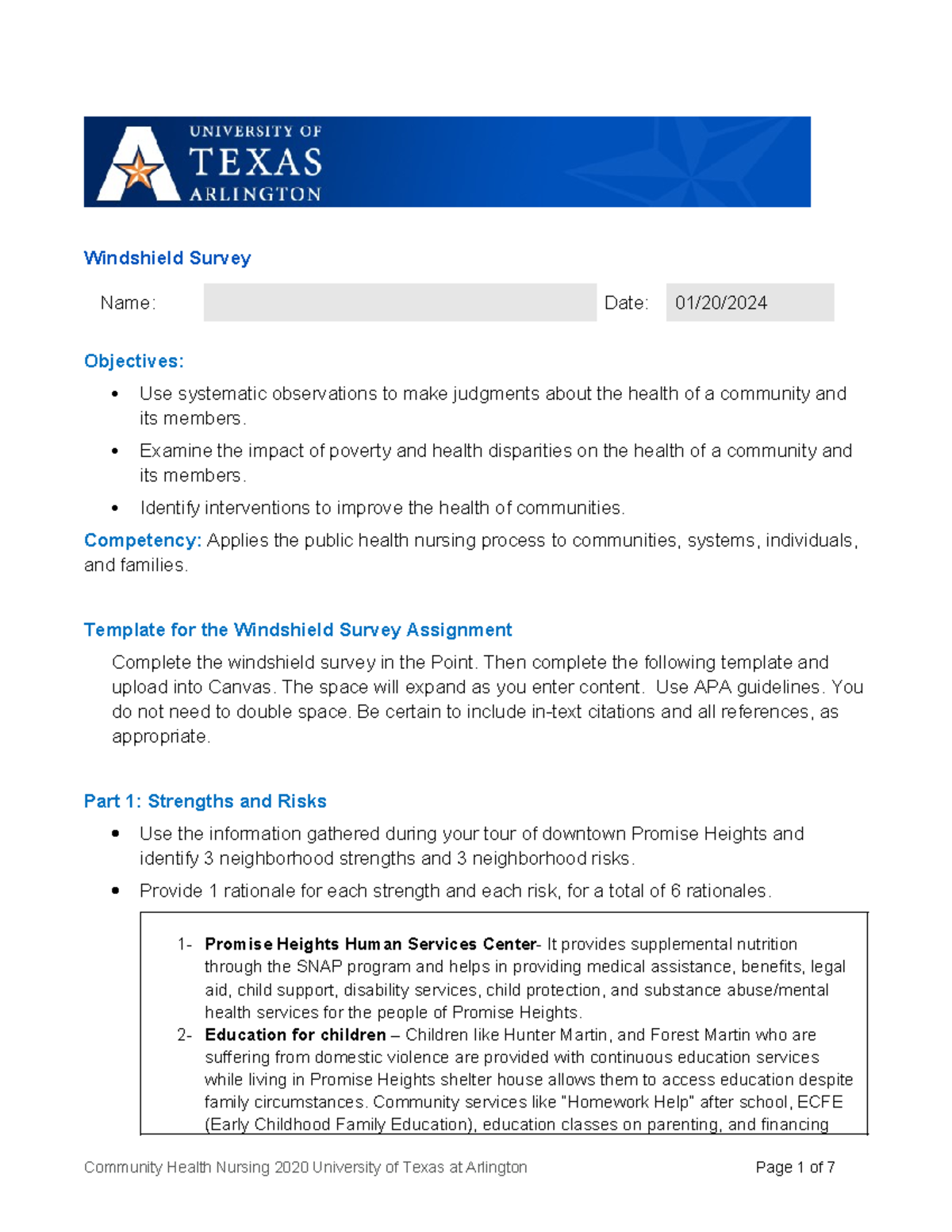 Assignment 1 Windshield Survey - Windshield Survey Name: Date: 01/20 ...