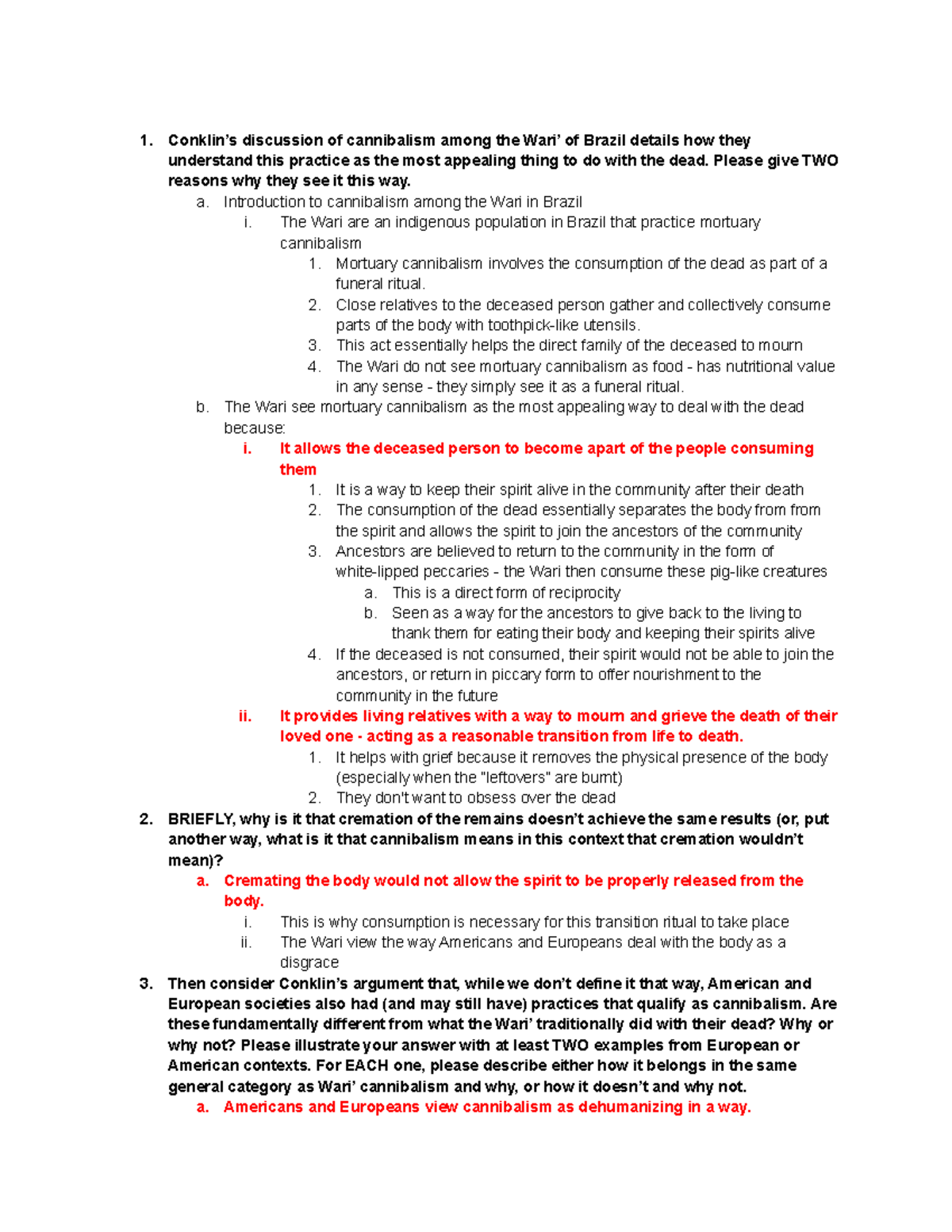 Final Essay Questions - Potential - Conklin’s discussion of cannibalism ...