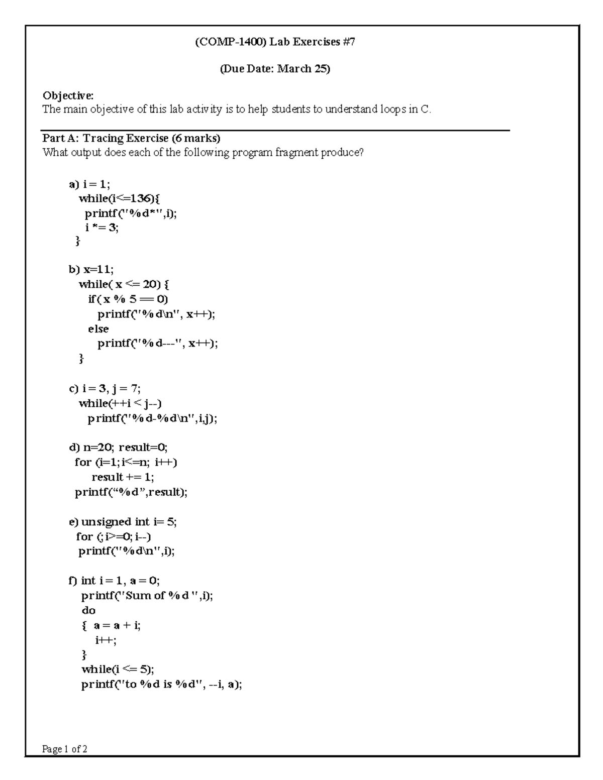 Week 7 Laboratory - Page 1 of 2 (COMP-1400) Lab Exercises # (Due Date ...