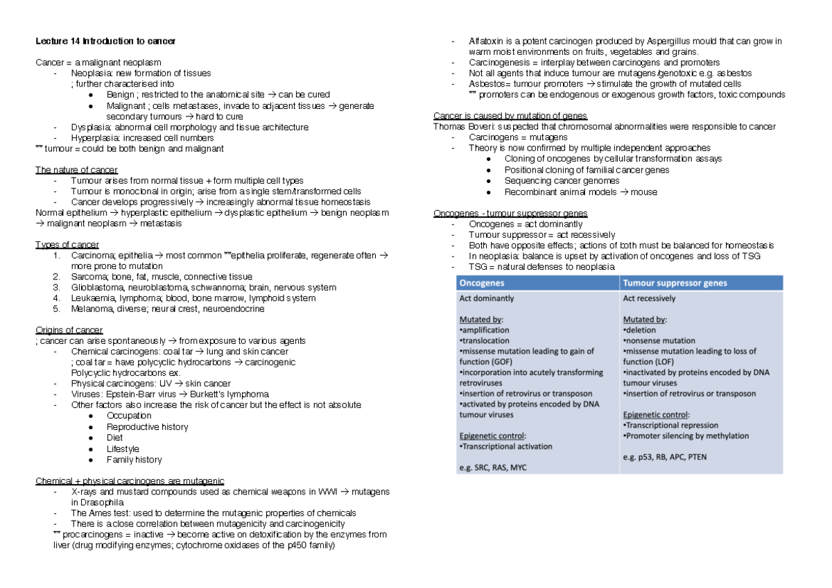 Cancer notes - Lecture 14 Introduction to cancer Cancer = a malignant ...