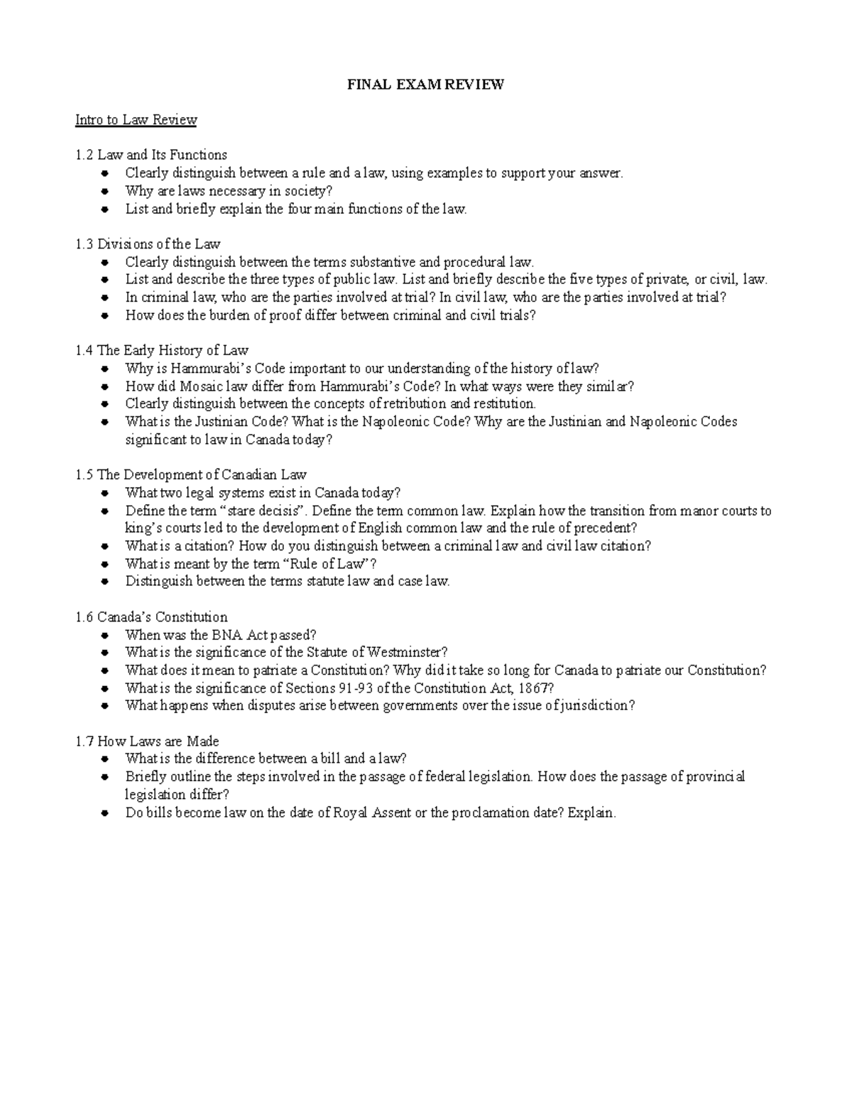 Final Exam - FINAL EXAM REVIEW Intro to Law Review 1 Law and Its ...