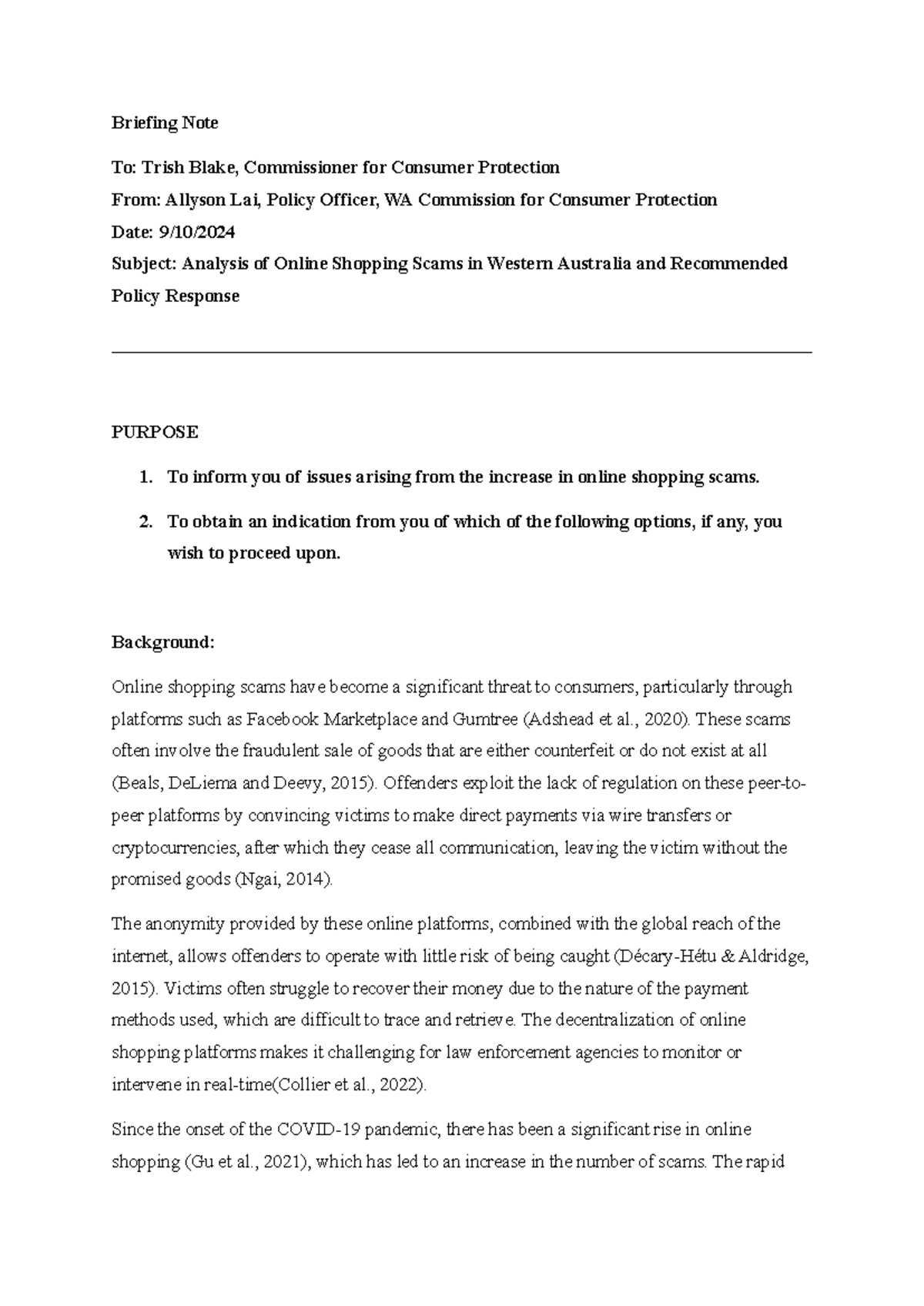 Briefing Notes_crm303 - Briefing Note To: Trish Blake, Commissioner for ...