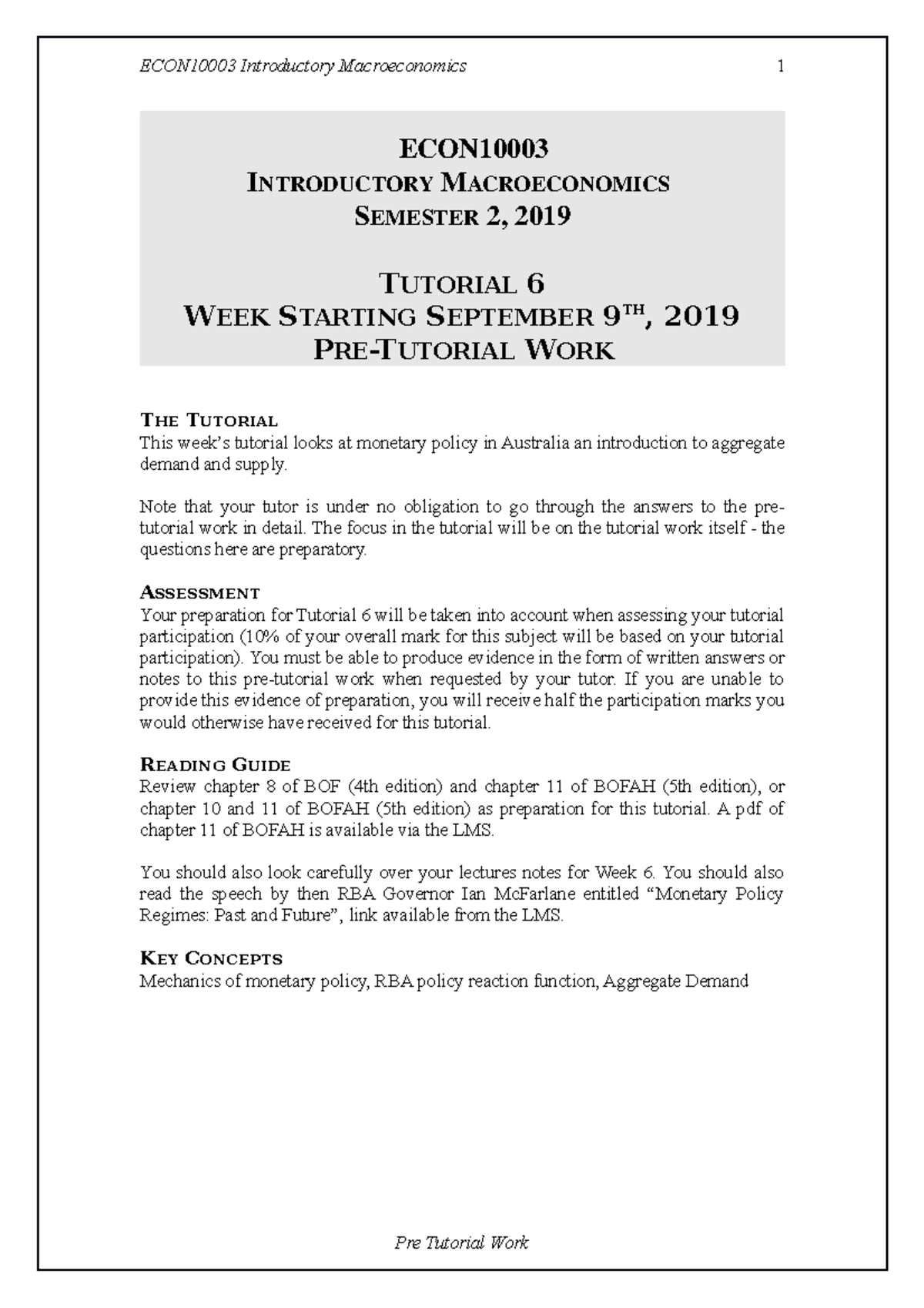 T6 Pretutorial 2019 - wk6 - ECON10003 Introductory Macroeconomics ECON ...