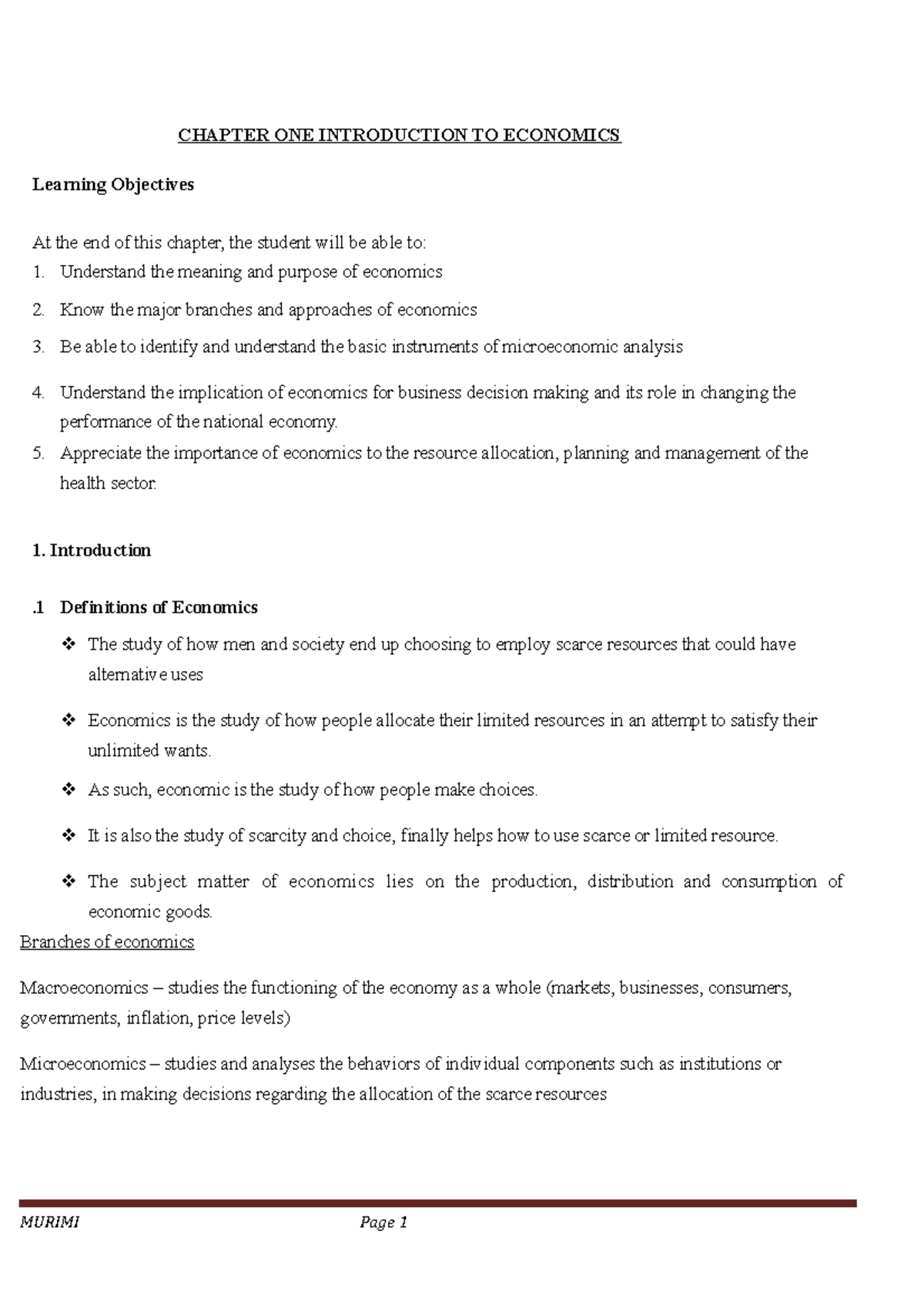 Health Economics - CHAPTER ONE INTRODUCTION TO ECONOMICS Learning ...