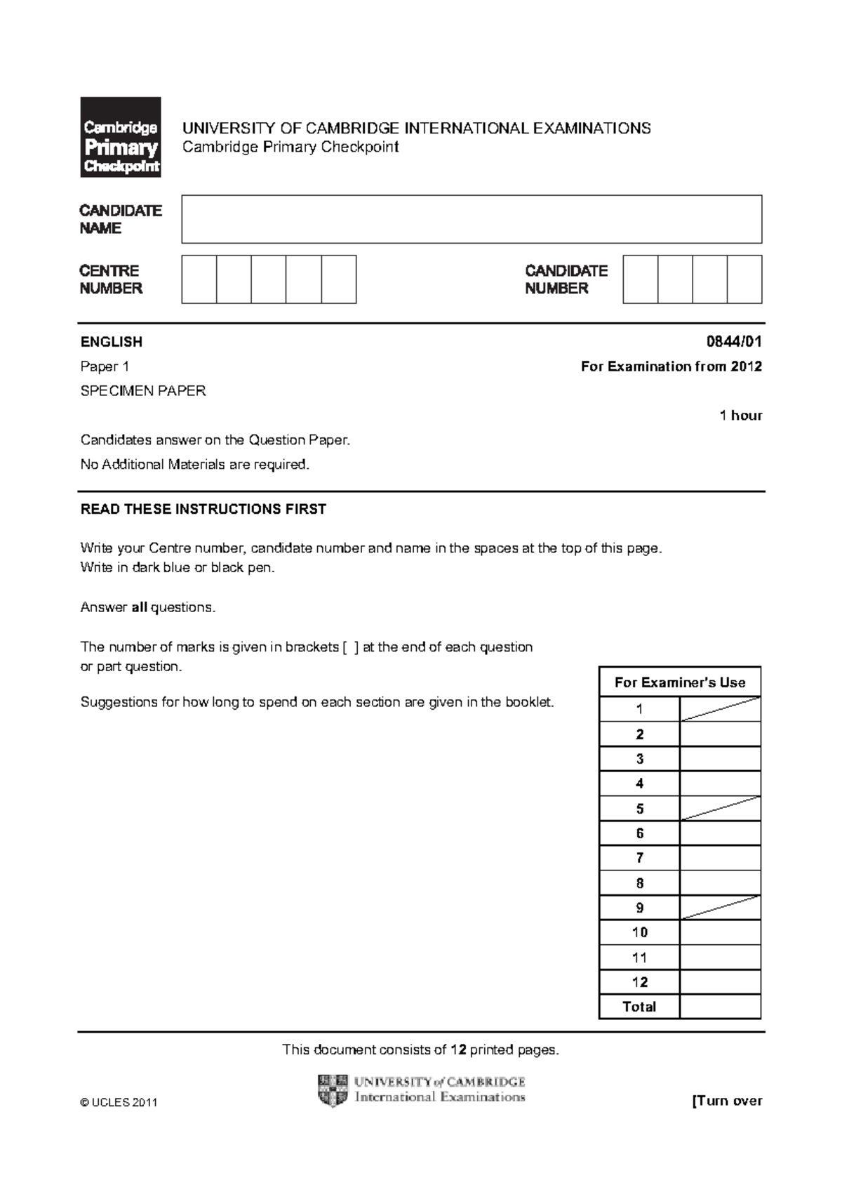 Cambridge Primary Checkpoint English P1 Specimen 2012 - This document ...