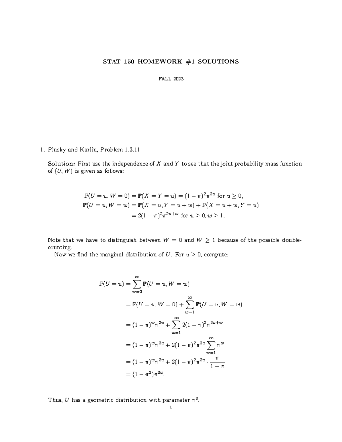 HW1 solutions - STAT 150 HW SOL - STAT 150 HOMEWORK #1 SOLUTIONS FALL ...
