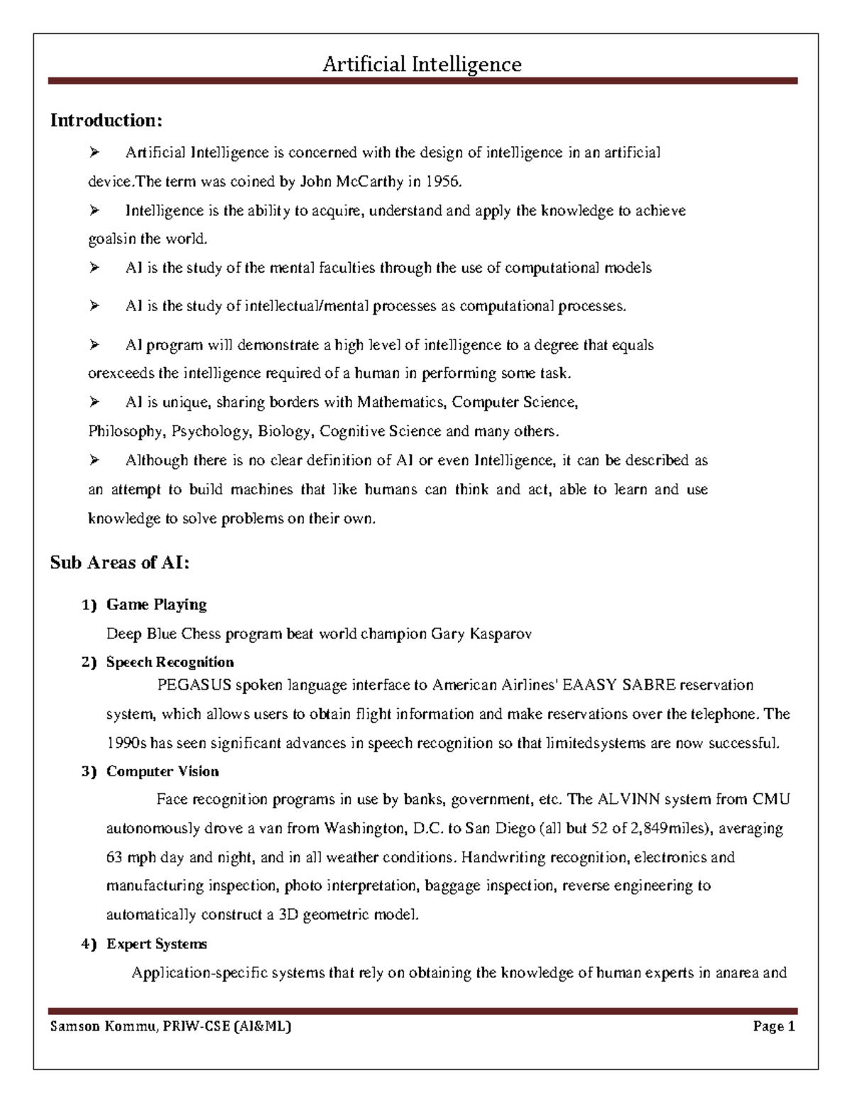 AI III CSM-UNIT1 - 3-2 AI unit 1 material - Introduction: Artificial Intelligence is concerned ...