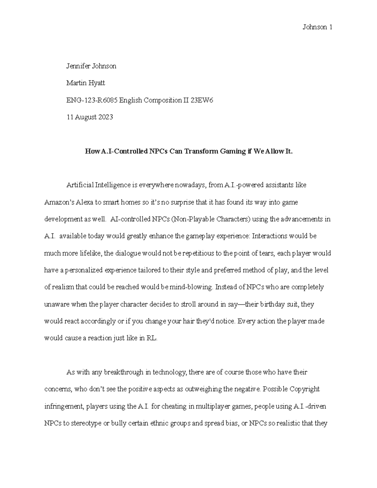 Revised final draft pers essay jenn johnson - Jennifer Johnson Martin ...
