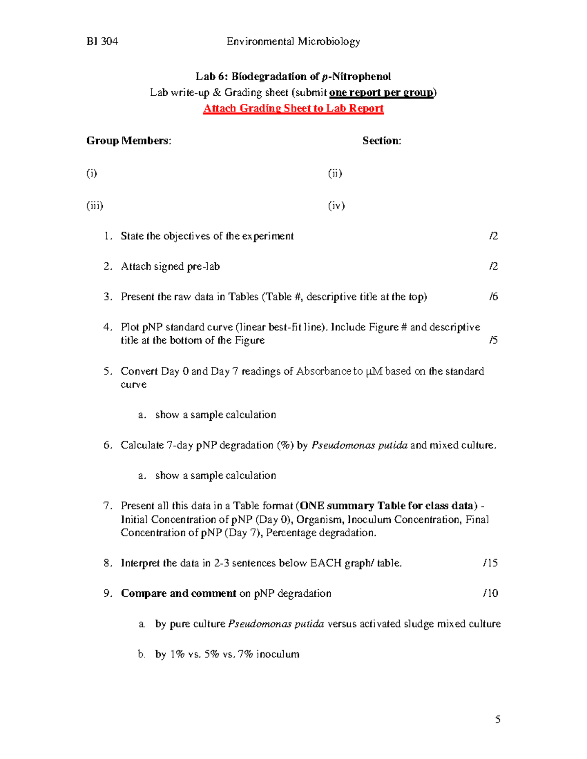 Lab 6 Grading Sheet - Notes - BI 304 Environmental Microbiology 5 Lab 6 ...