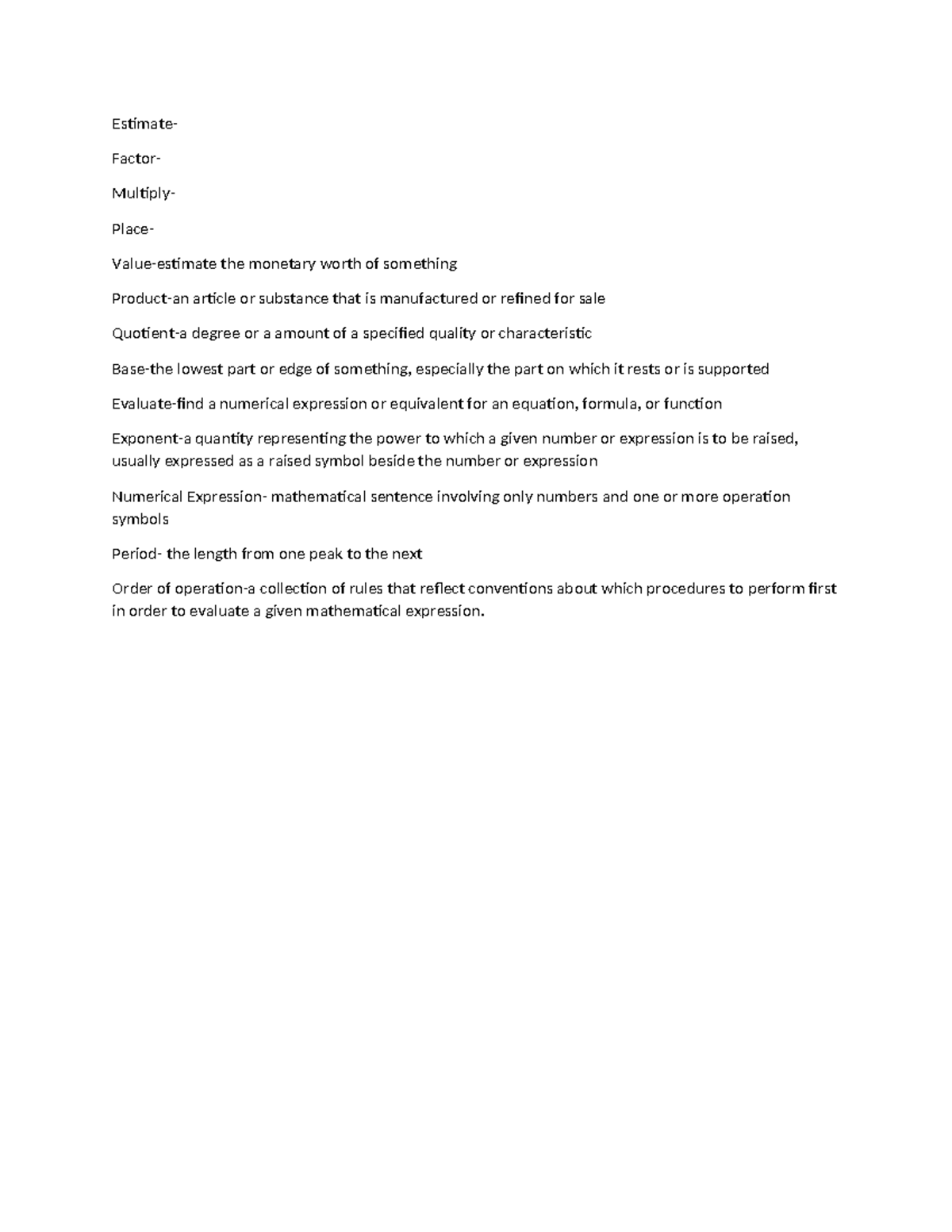Math Vocabulary - assignment - Estimate- Factor- Multiply- Place- Value ...