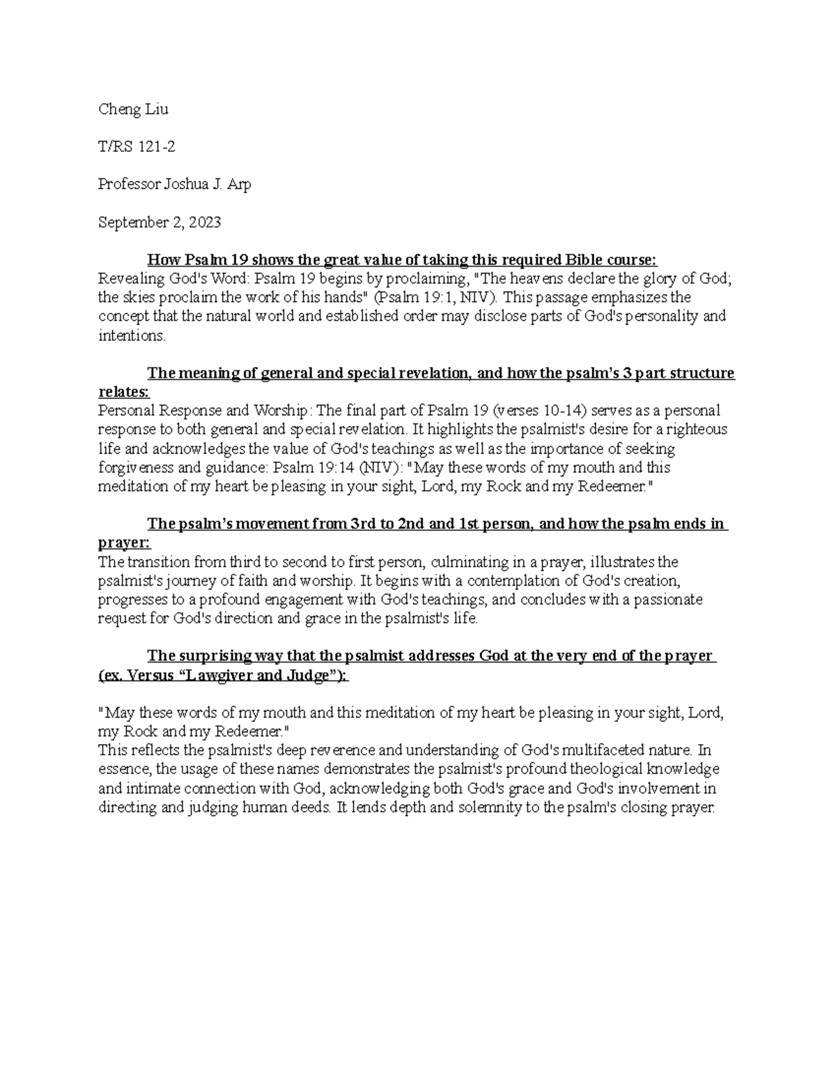 Journaling Assignment - Cheng Liu T/RS 121- Professor Joshua J. Arp ...