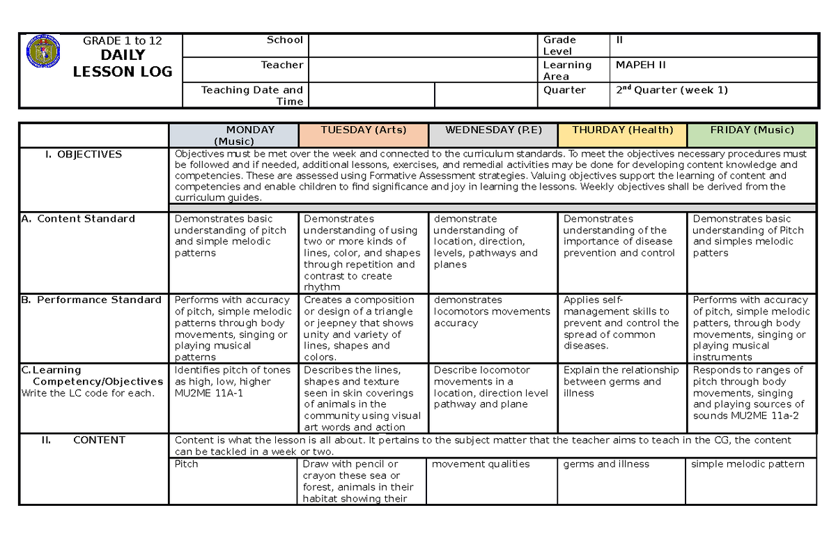 Daily Lesson LOG School Grade Level II T - GRADE 1 to 12 DAILY LESSON ...