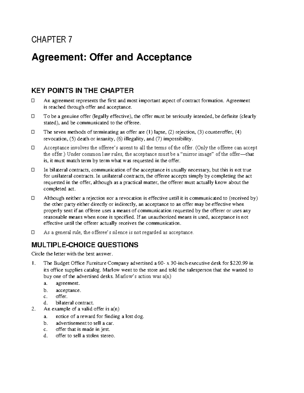 Ch07 Agreement Offer and Acceptance - CHAPTER 7 Agreement: Offer and ...