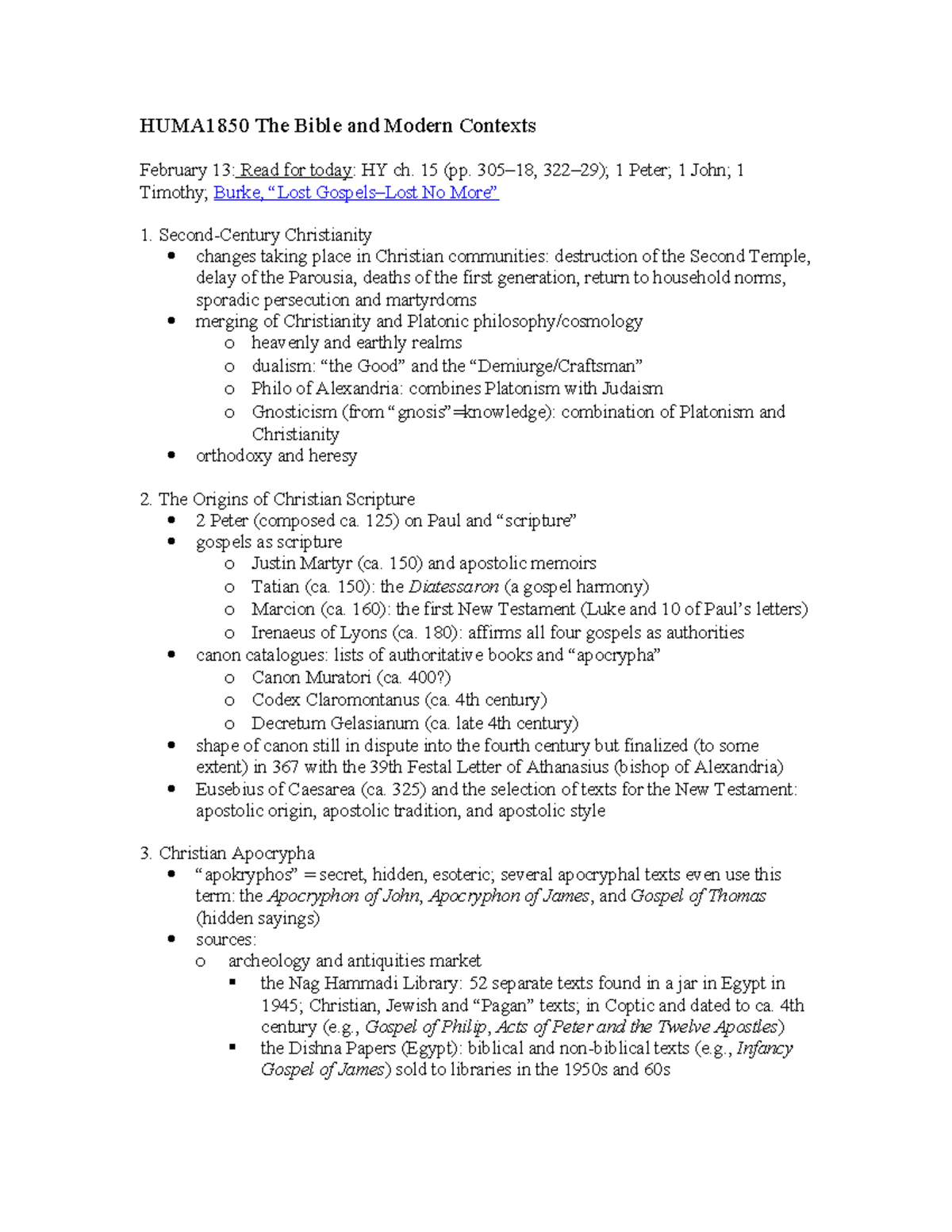 HUMA 1850 2023 18 Christian Apocrypha Lecture Outline - HUMA1850 The ...