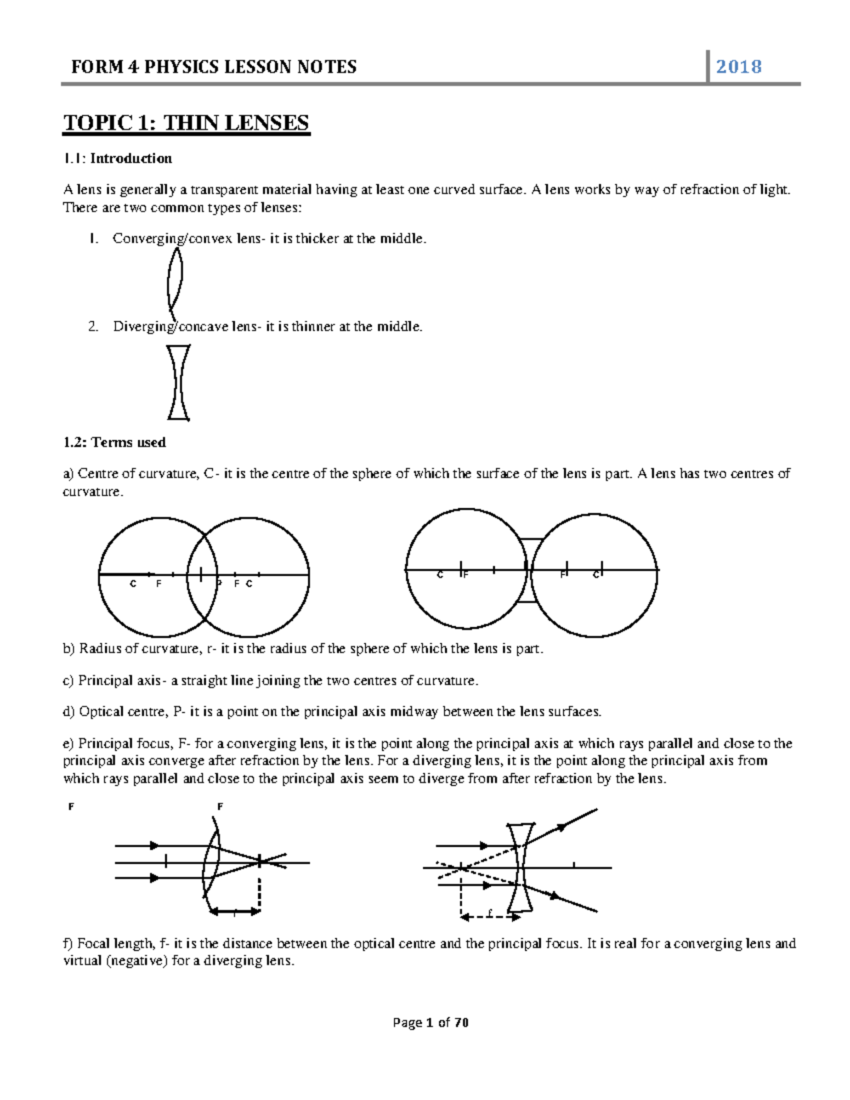 KLB Physics f4 - TOPIC 1: THIN LENSES 1: Introduction A lens is ...