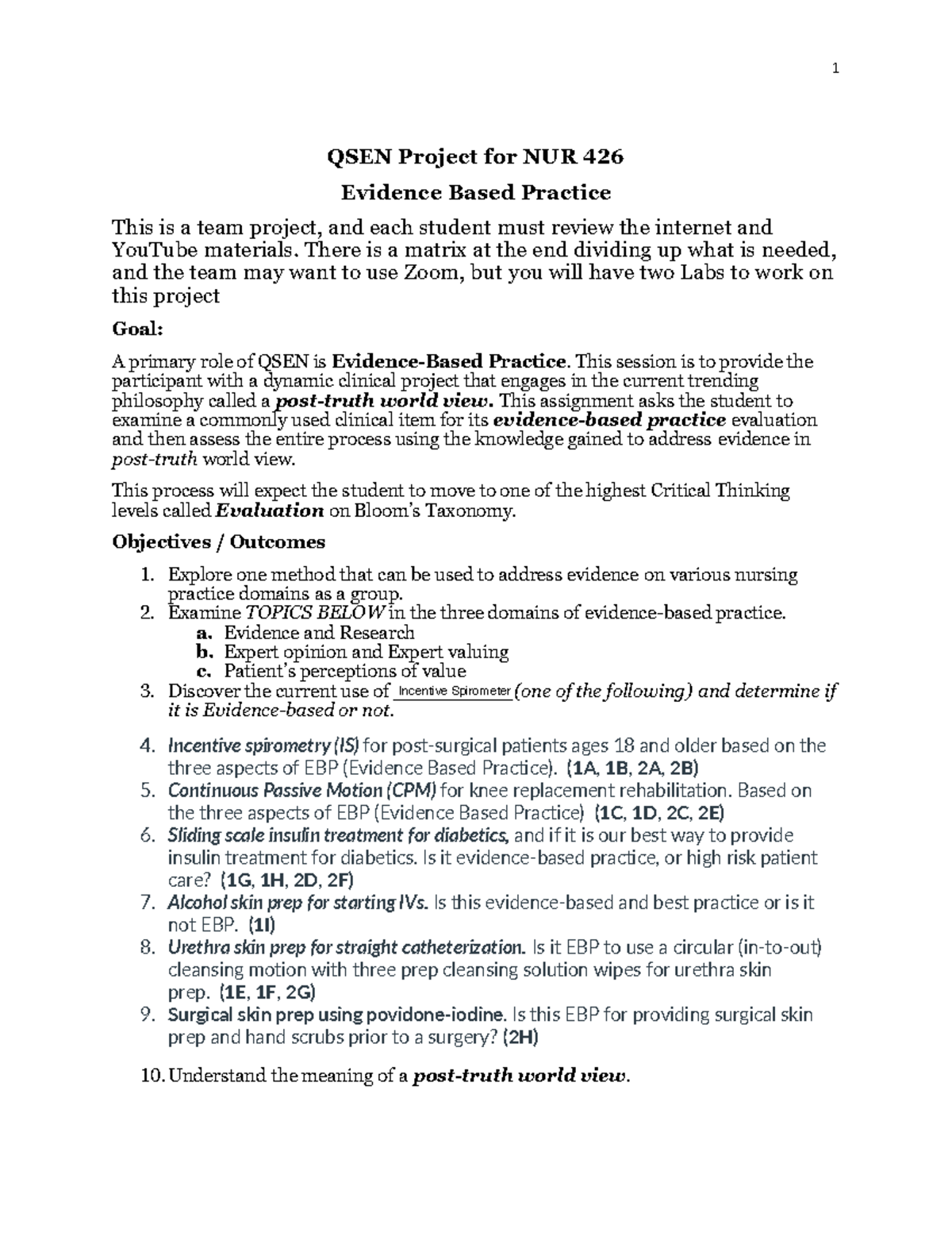 QSEN Project -1A 1B - QSEN Project for NUR 426 Evidence Based Practice ...