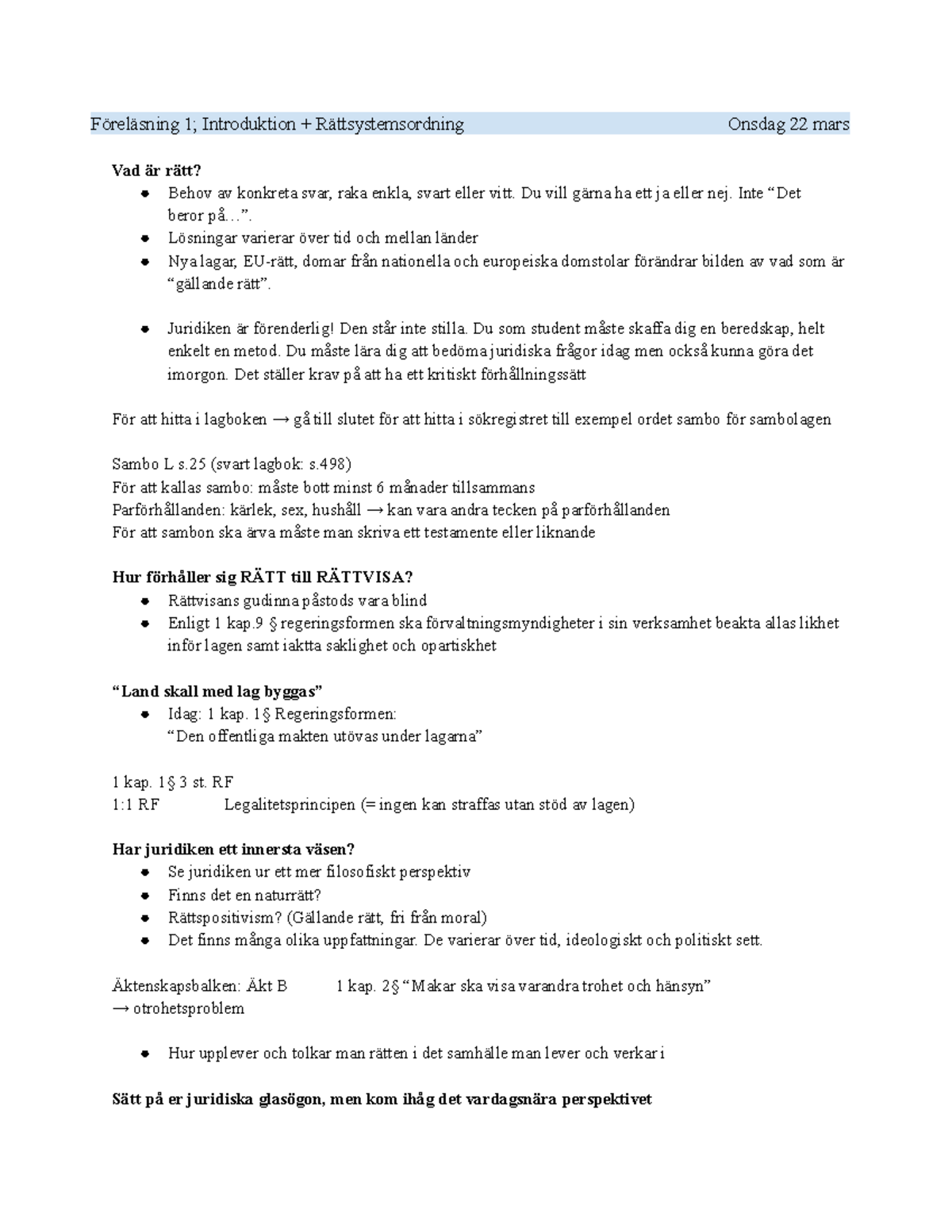 Föreläsning 1; Introduktion + Rättsystemsordning - Föreläsning 1; Introduktion + - Studocu