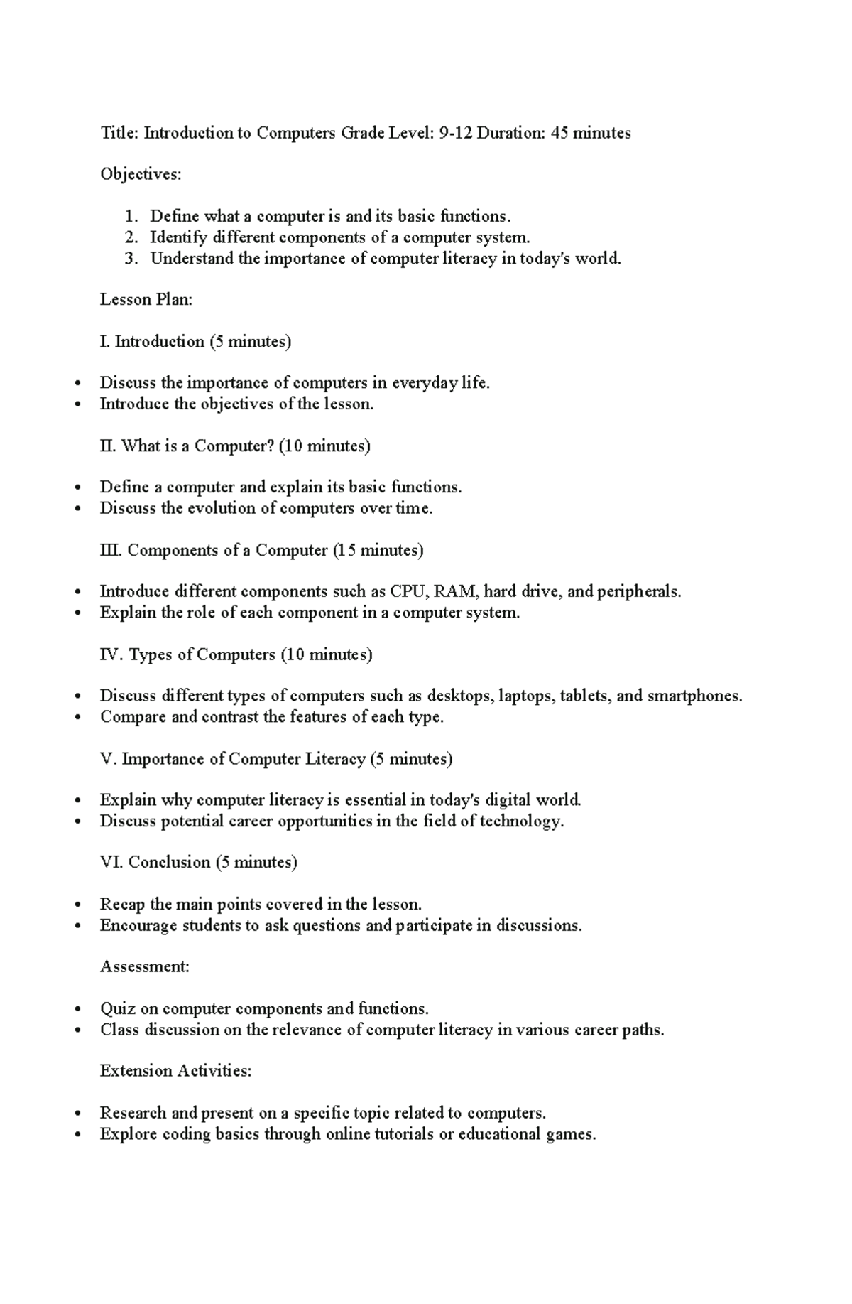Lesson Plan about Introduction to Computers - Title: Introduction to ...