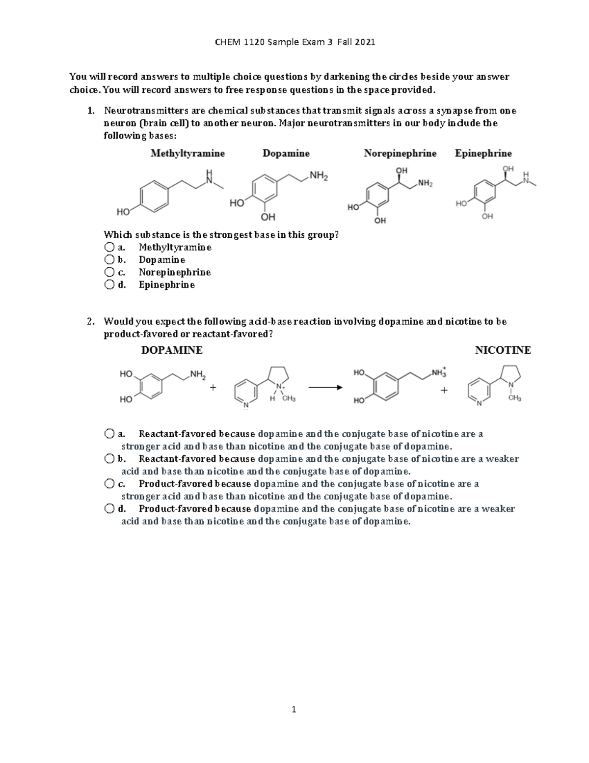 CHEM 1120 Sample Exam 3 - Practice exam - You will record answers to multiple choice questions ...