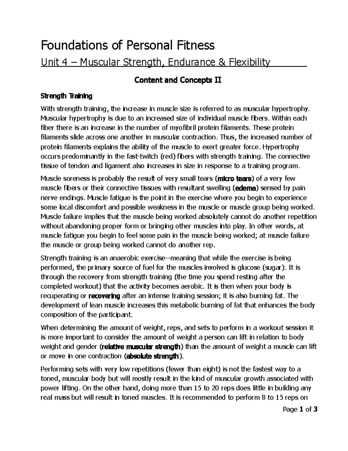 407 Content and Concepts II - Foundations of Personal Fitness Unit 4 ...