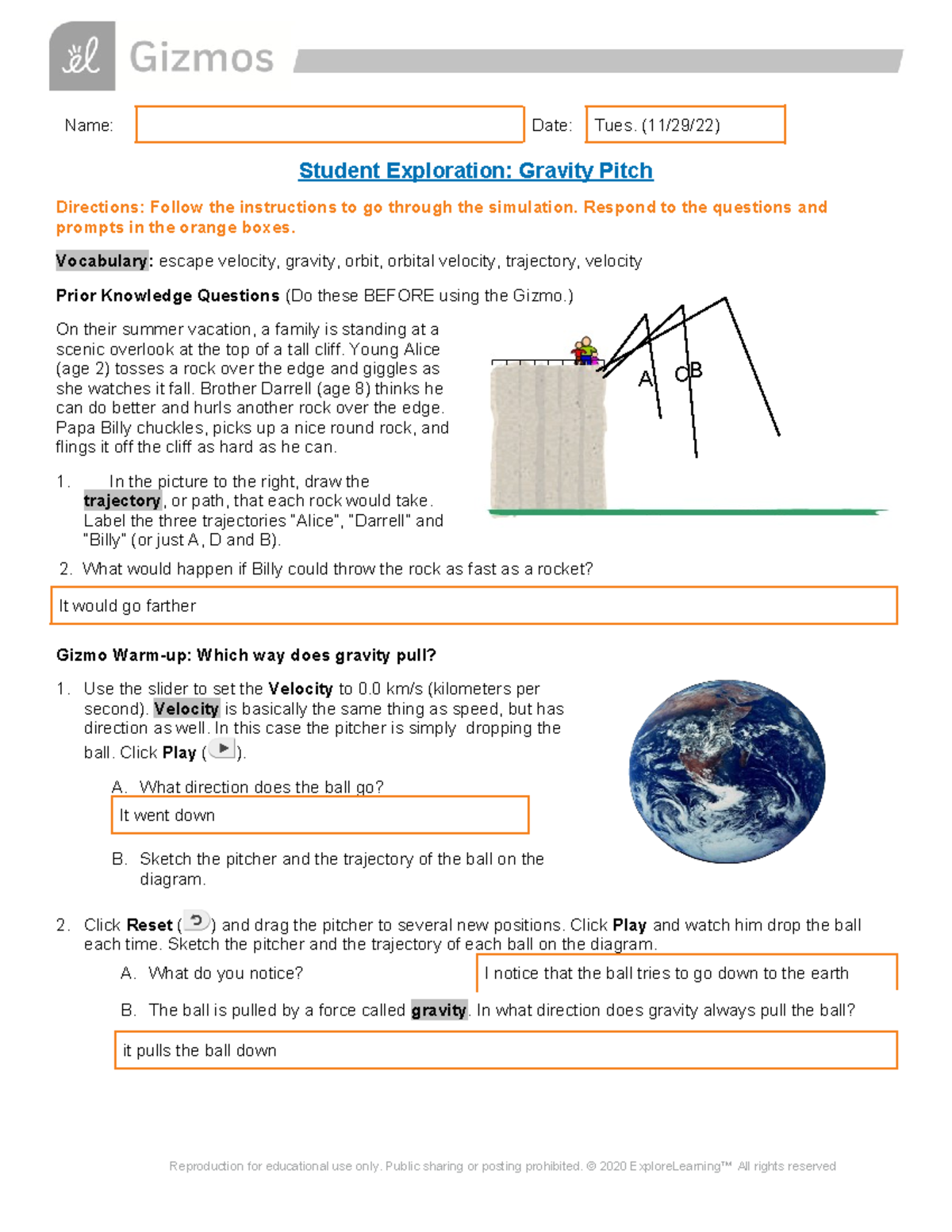 Gravity Pitch Gizmo - Yup - Name: Date: Tues. (11/29/22) Student Exploration: Gravity Pitch ...