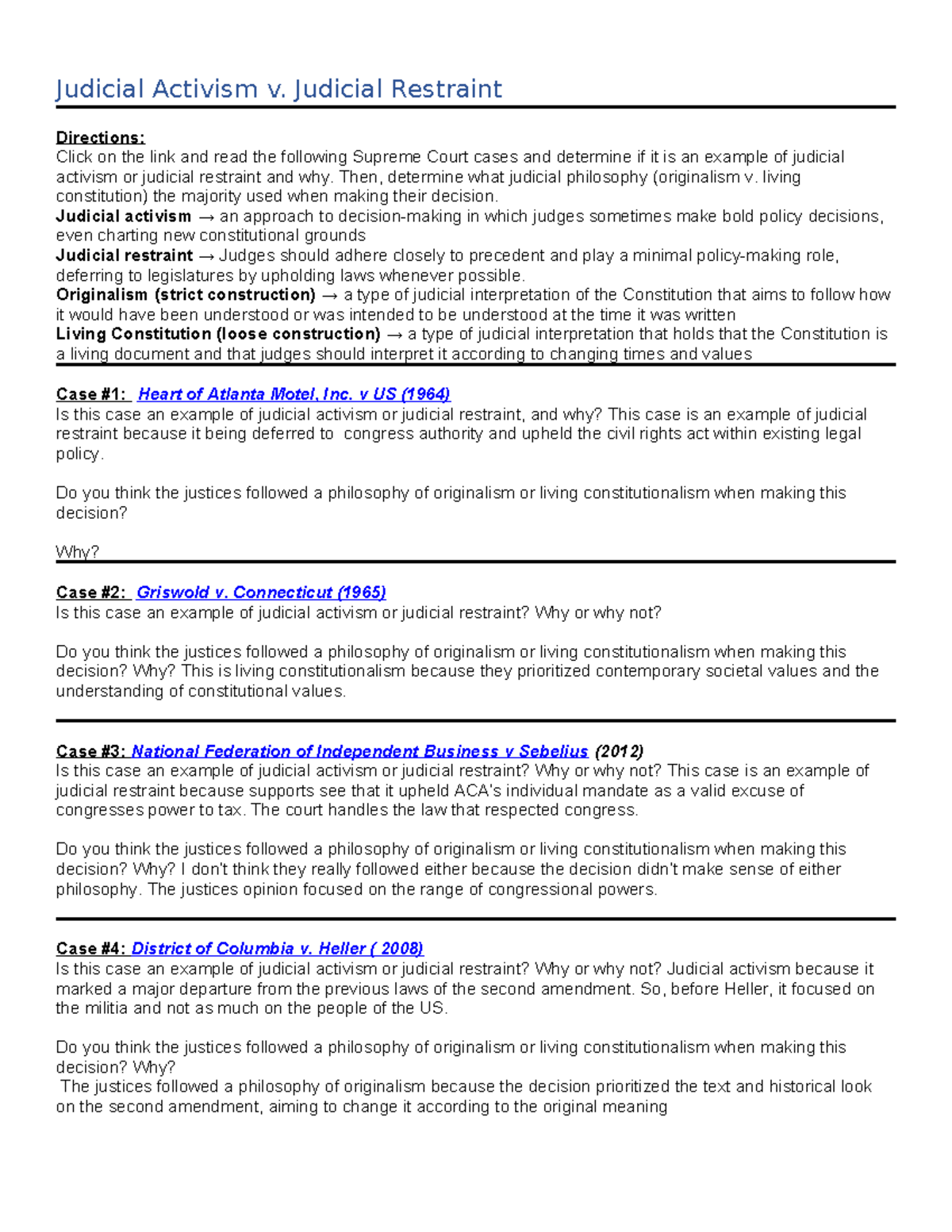 Judicial Activism v - ap gov judisism - Judicial Activism v. Judicial ...