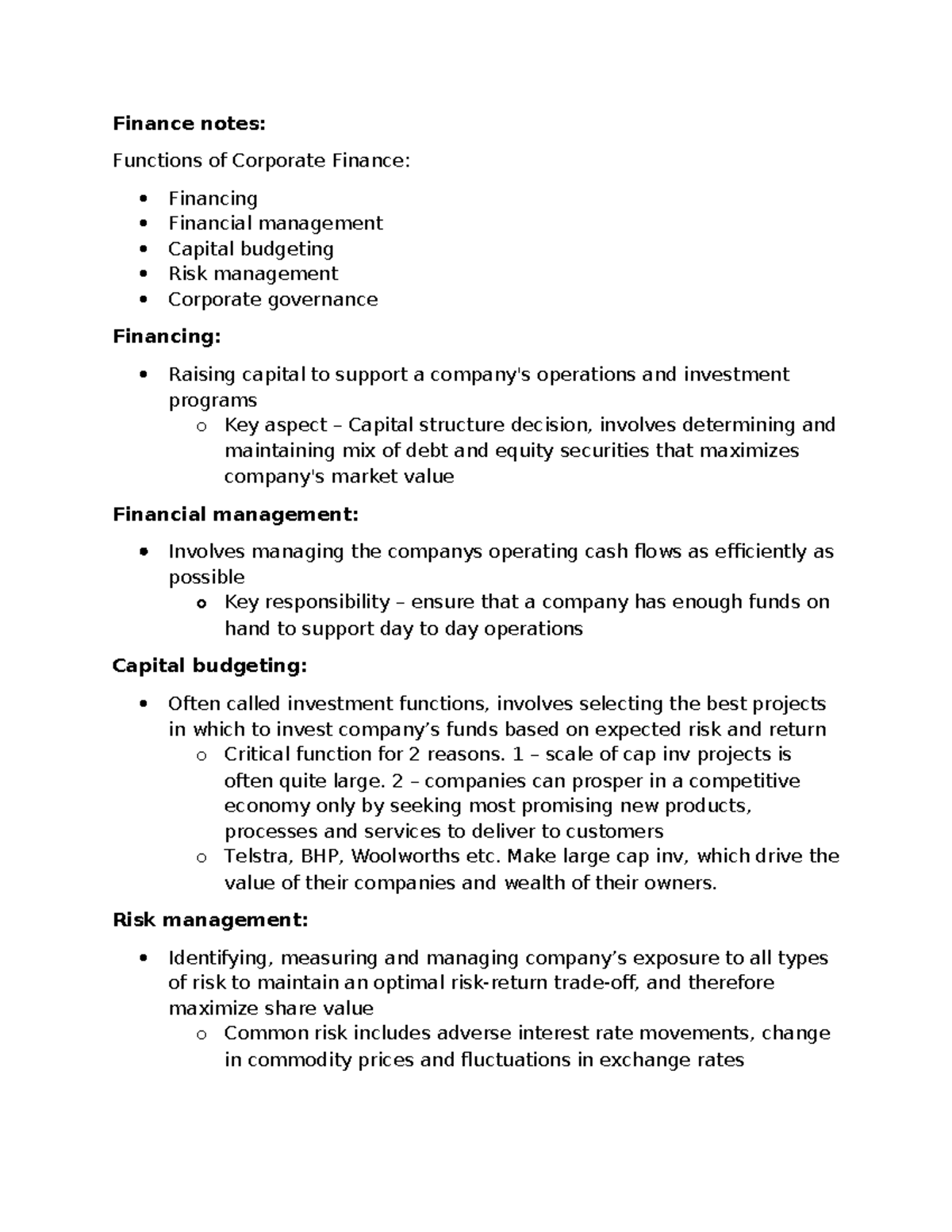 Lecture Notes - week 1 - Finance notes: Functions of Corporate Finance ...