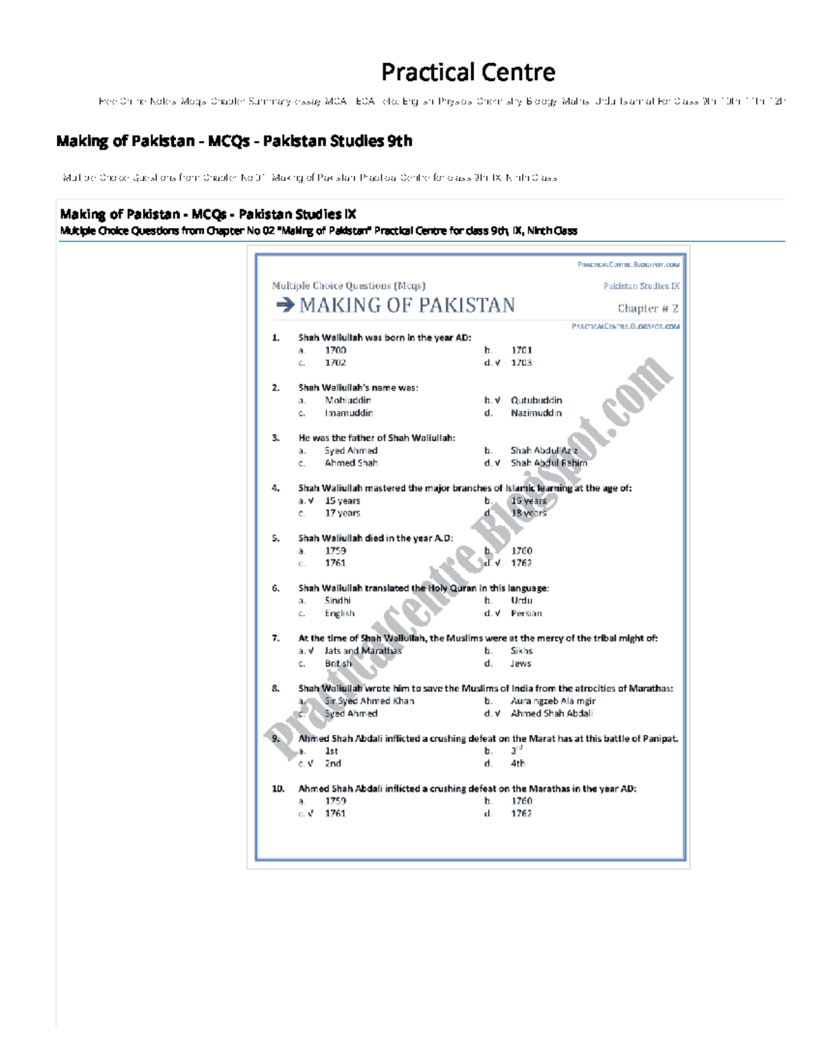 Making of Pakistan - MCQs - Pakistan Studies 9th Practical Centre - Pra ...