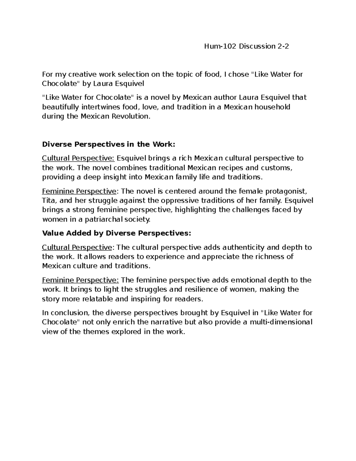 HUM-102 2-2 Discussion post - Hum-102 Discussion 2- For my creative ...