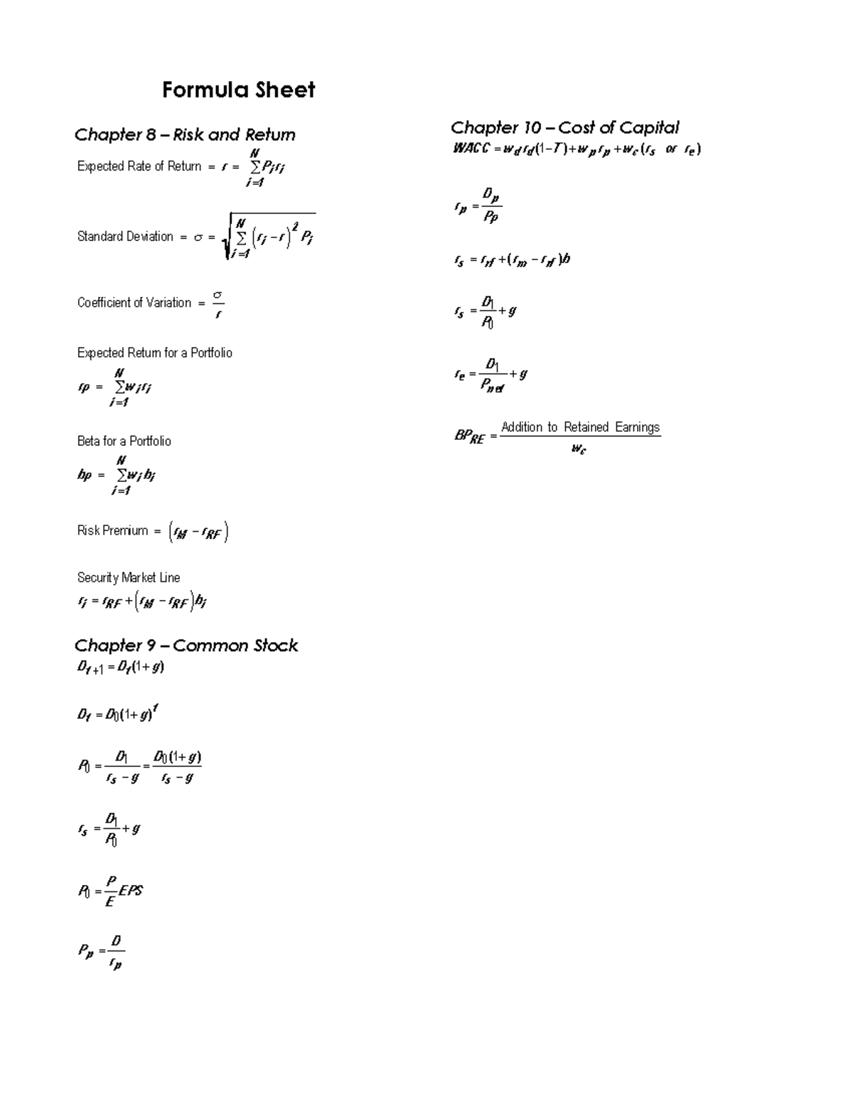 MT3 Formula Sheet - Formula Sheet Chapter 8 – Risk and Return ...