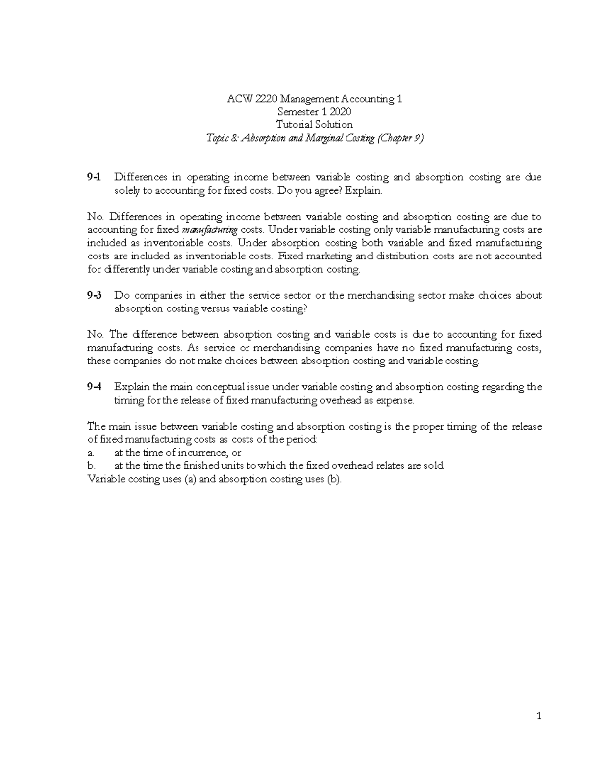 Tutorial Solution Topic 8 S1 2020 - Management accounting 1 - Studocu