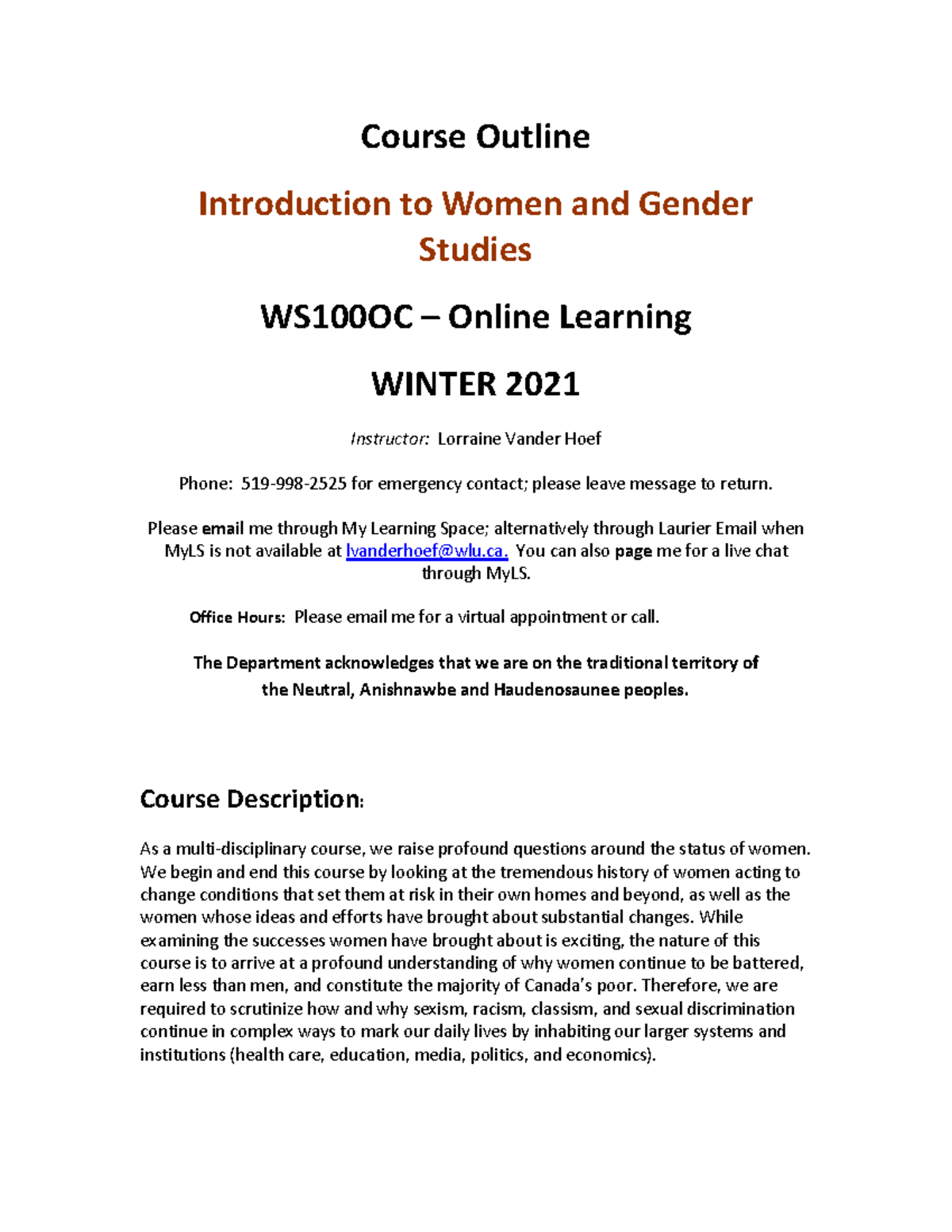 WS100 OC Course Outline, Winter, 2021 - Course Outline Introduction to ...
