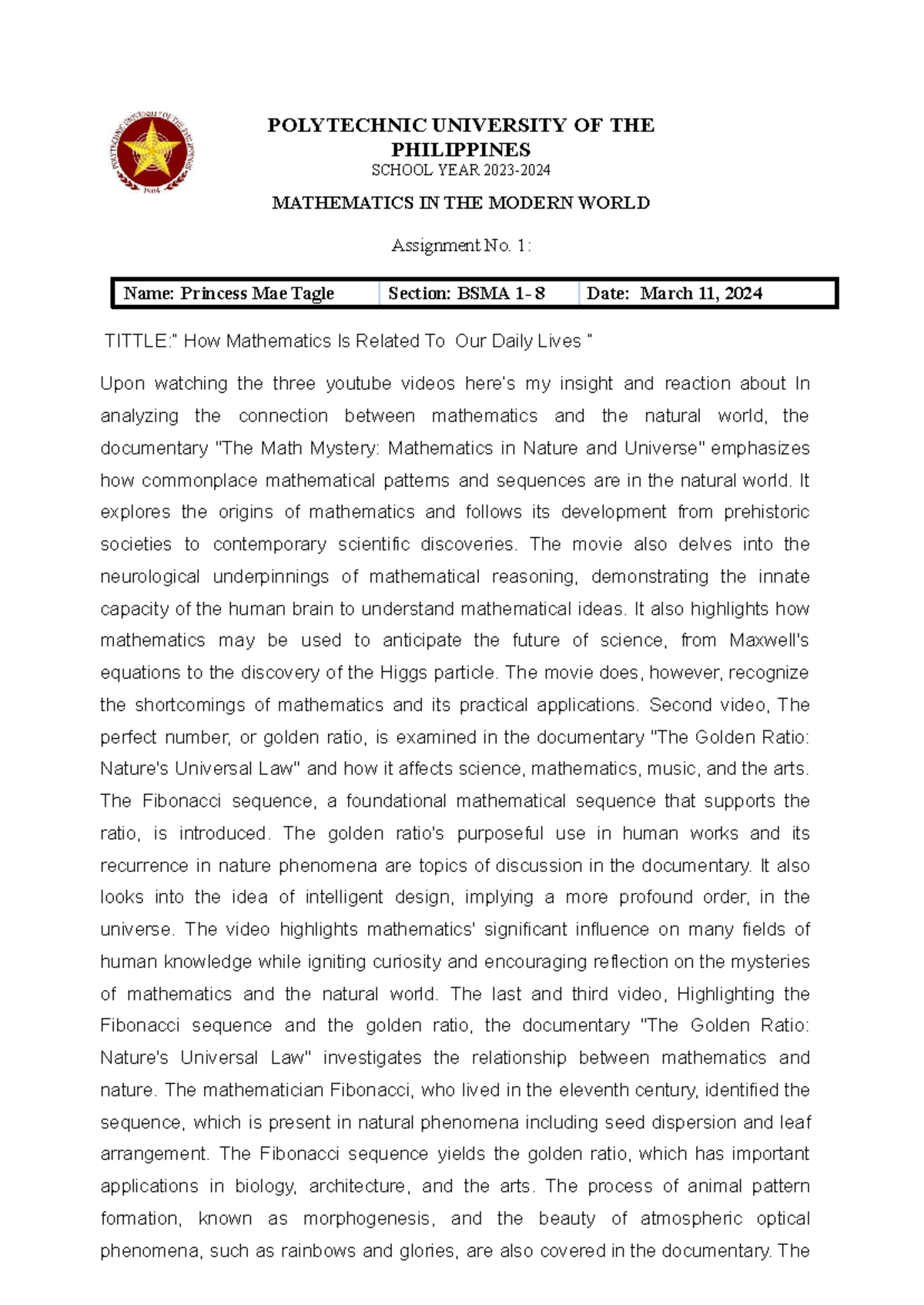 Assignment 1 Reaction Paper - POLYTECHNIC UNIVERSITY OF THE PHILIPPINES ...