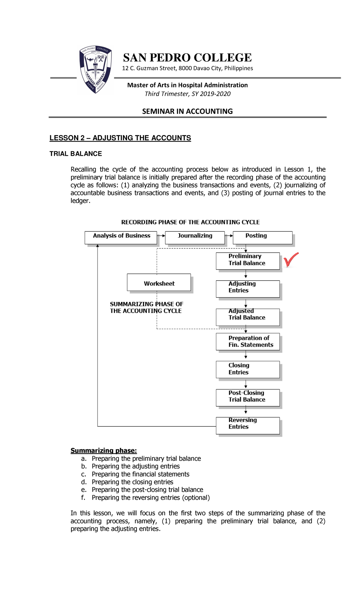 Lesson 2 Adjusting The Accounts Warning Tt Undefined Function 32 San Pedro College 12 C