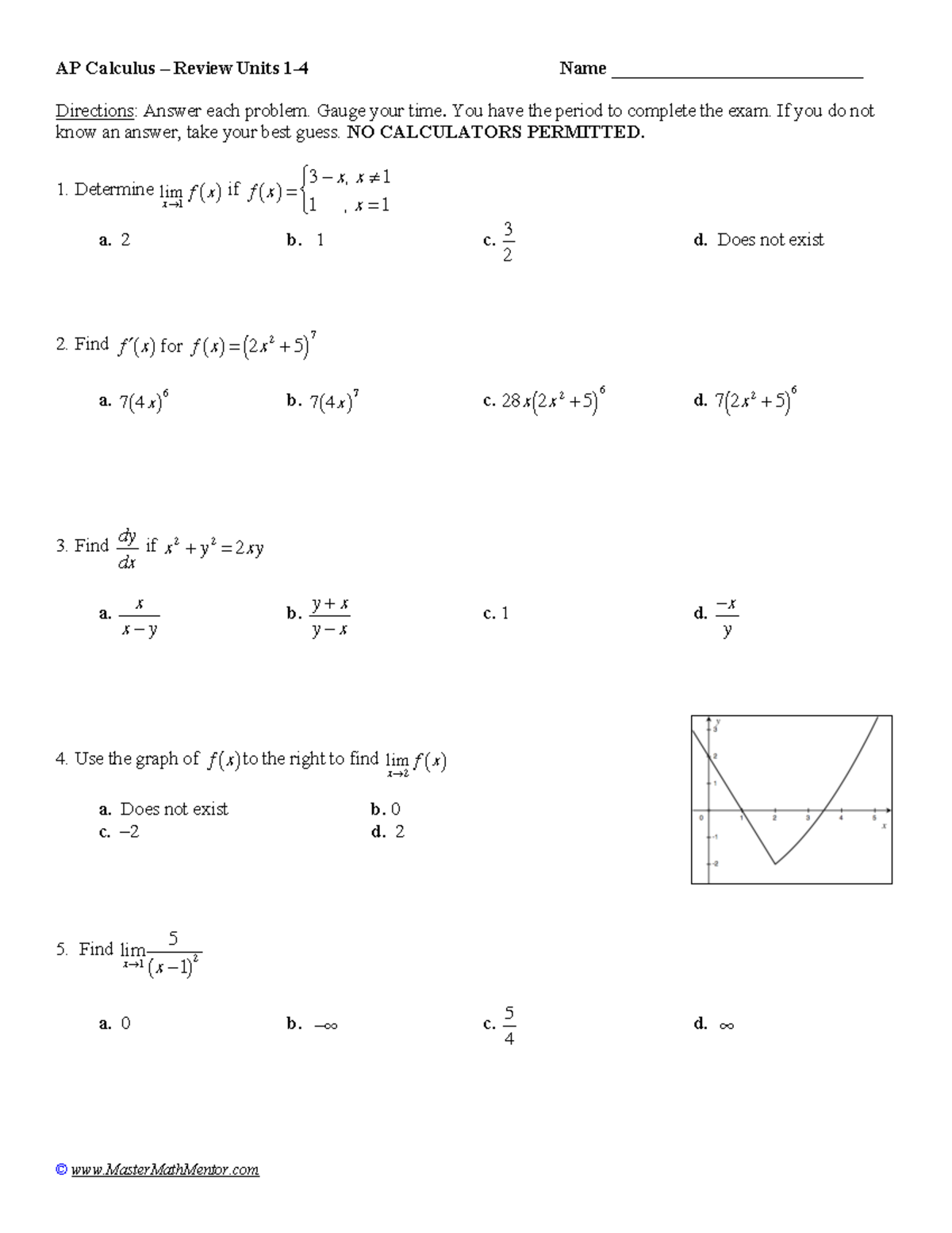 Units 1-4 Review - OJONESO" - AP Calculus – Review Units 1-4 Name